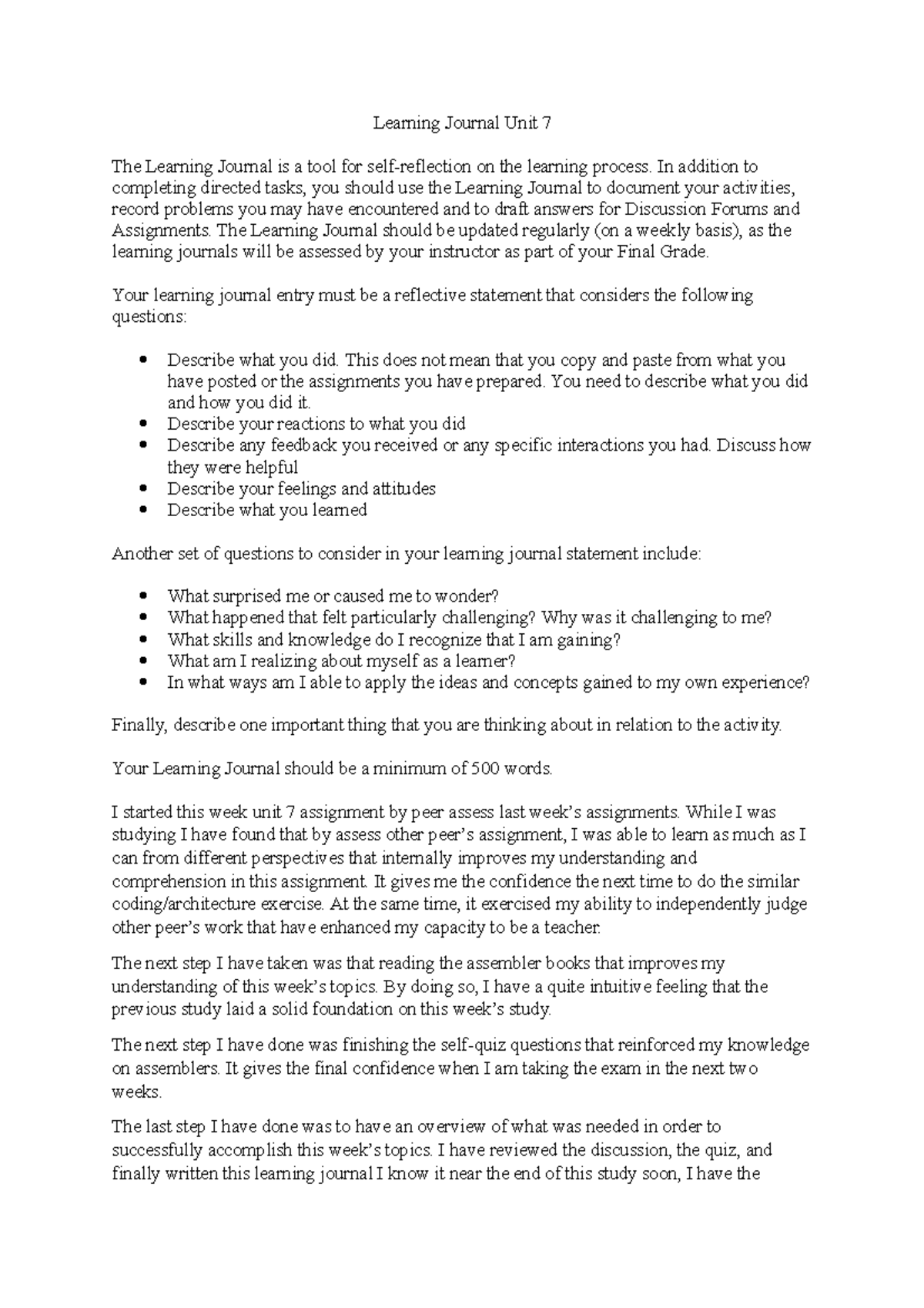 Learning Journal Unit 7 In Addition To Completing Directed Tasks You Should Use The Learning