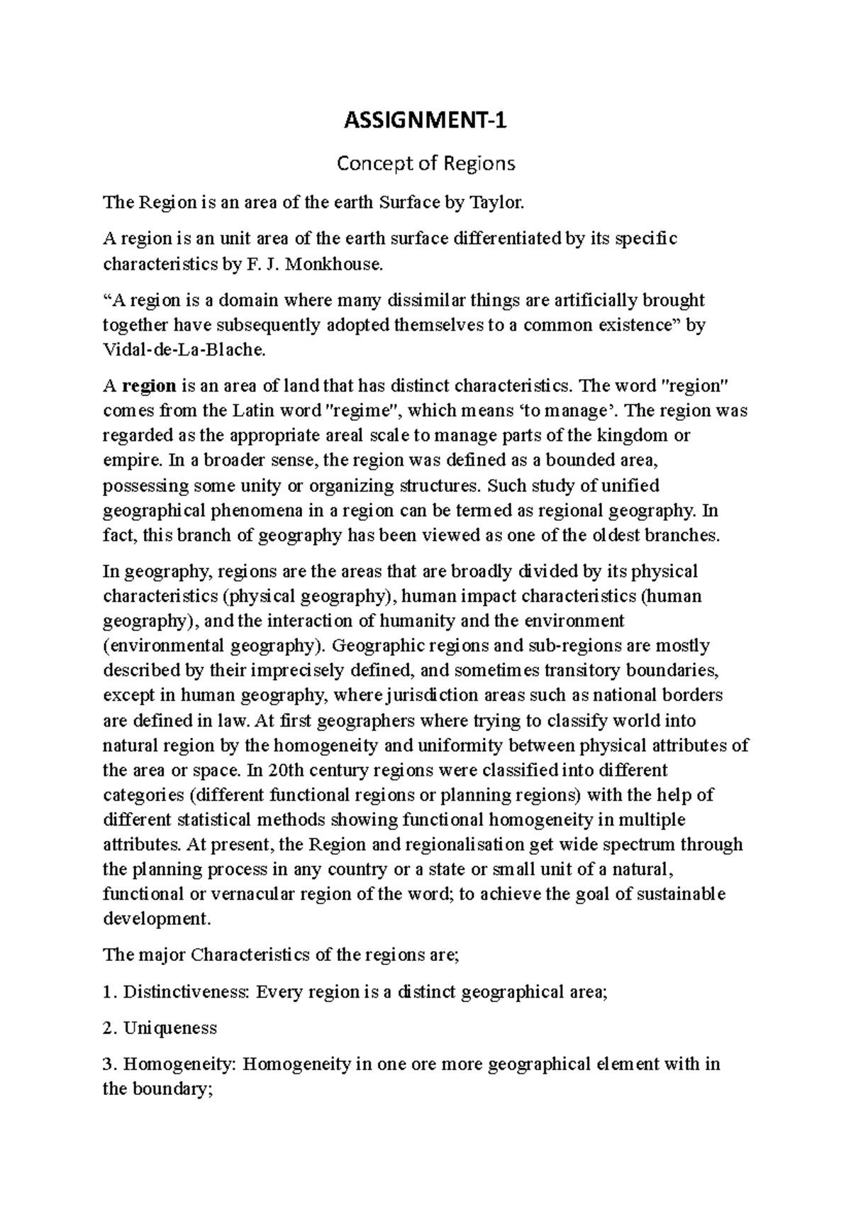 Concept of Regions - Regional Planning & Development - ASSIGNMENT ...