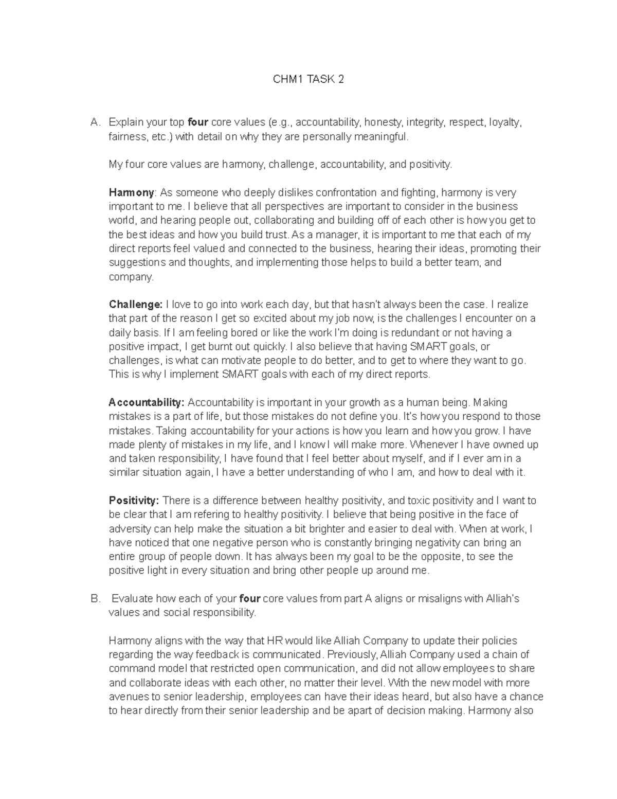 CHM1 TASK 2 - Grade: Pass - CHM1 TASK 2 A. Explain your top four core ...
