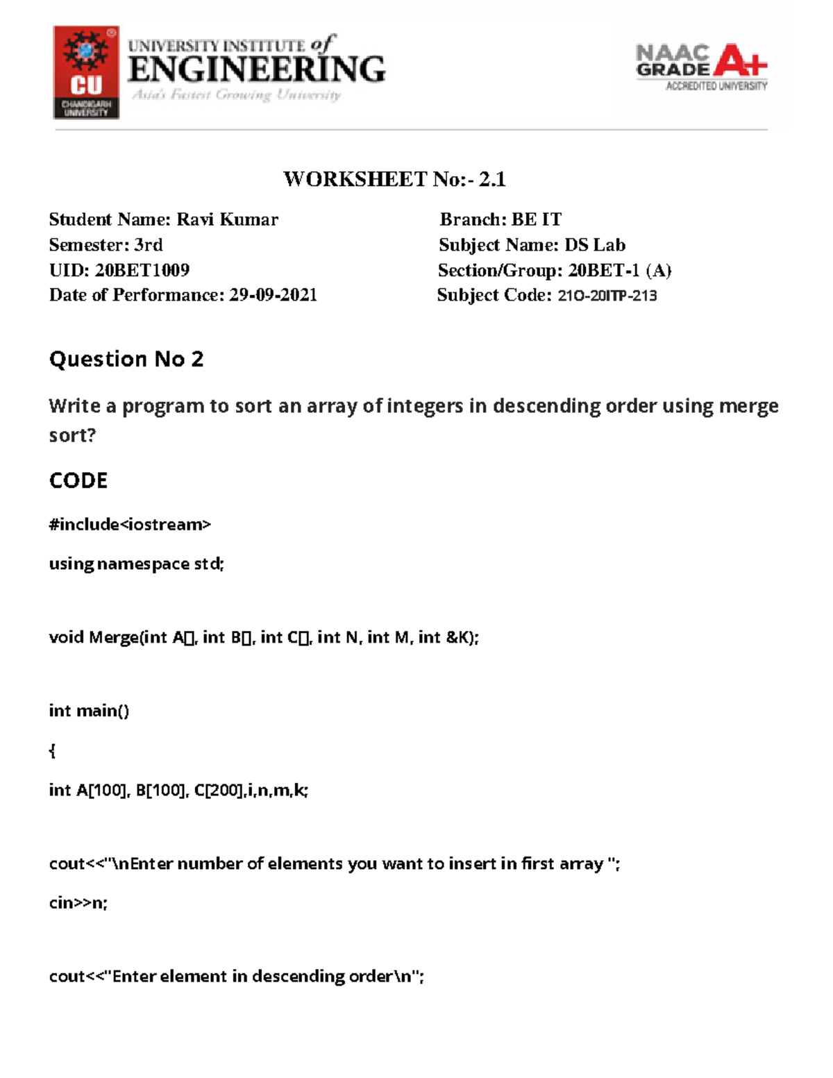 Worksheet 2.1 Qn 2 - Data Structure lab practical - WORKSHEET No:- 2 ...