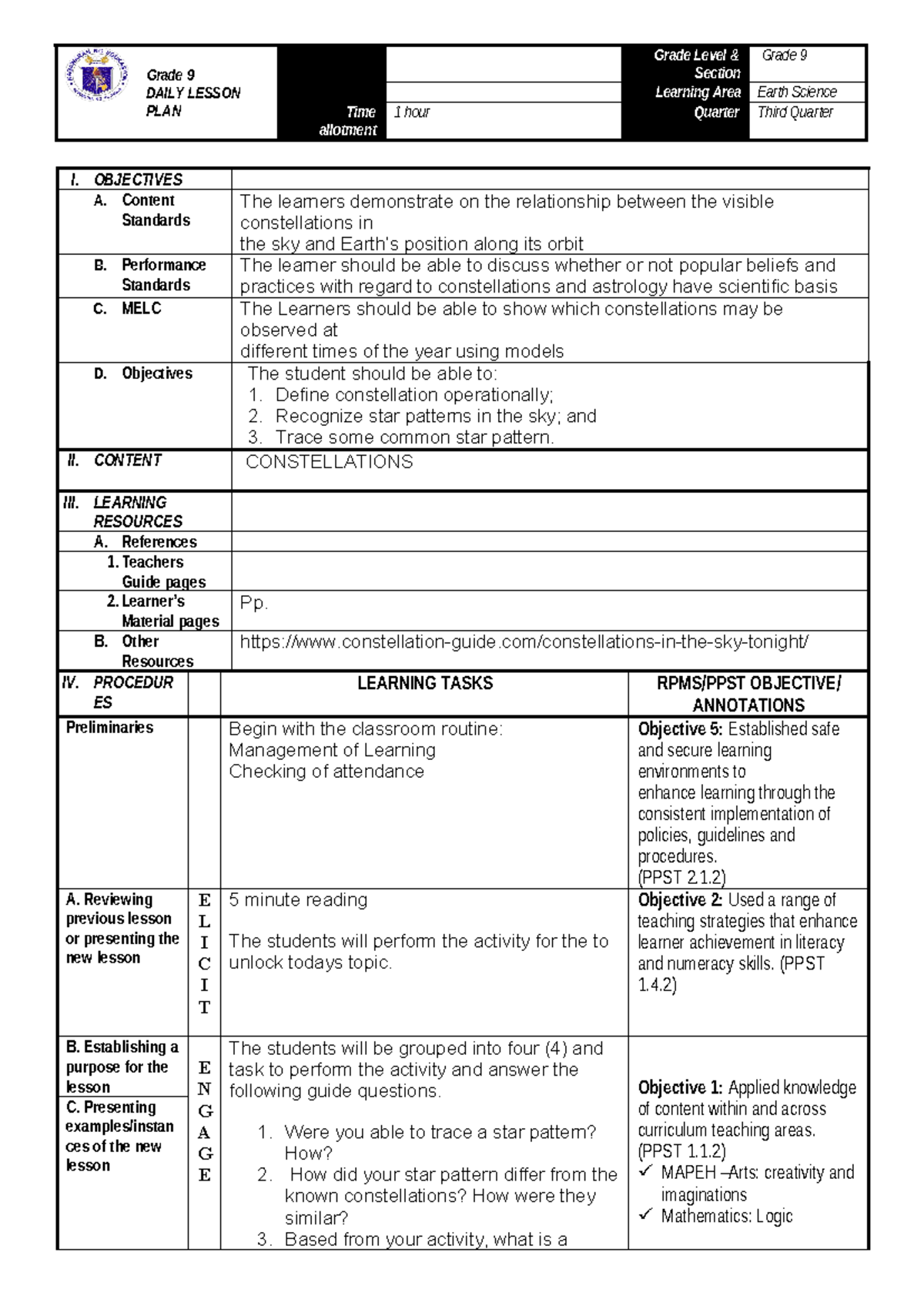 Demo- Constellations - CONSTELLATION - Grade 9 DAILY LESSON PLAN Grade ...