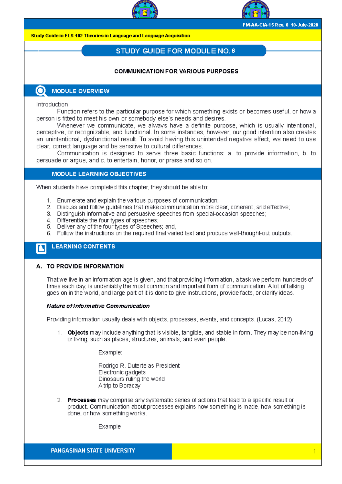 Study- Guide-No - PANGASINAN STATE UNIVERSITY Study Guide in ELS 102 Theories in Language and ...