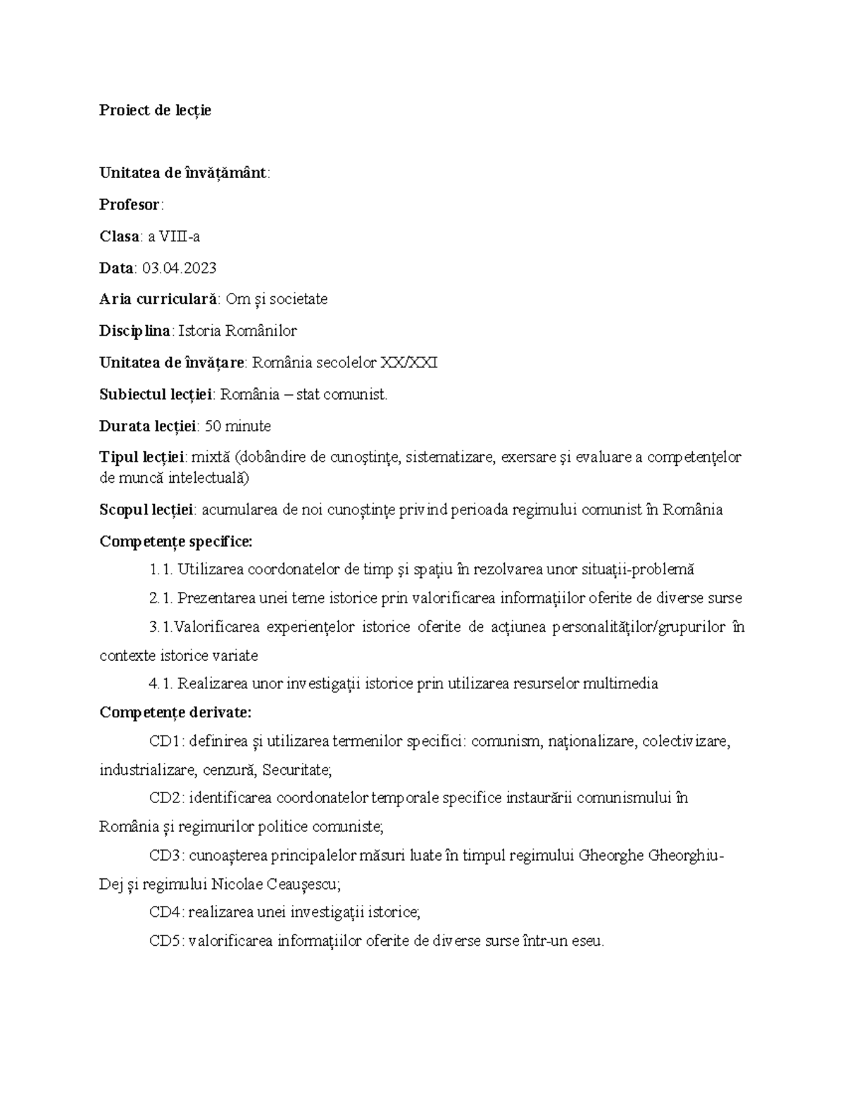 Proiect de lecție - Proiect de lecție Unitatea de învățământ: Profesor ...