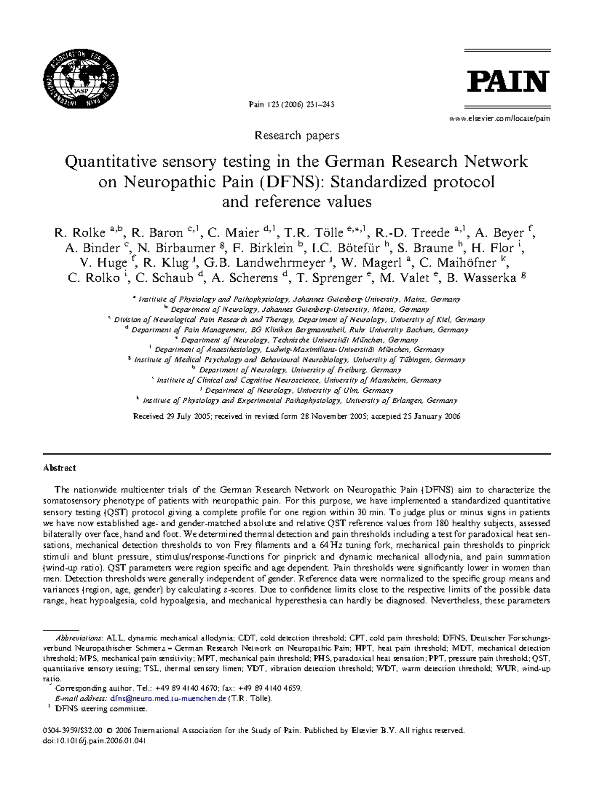 Rolke 2006 - QST standardized protocol and reference values - Research ...