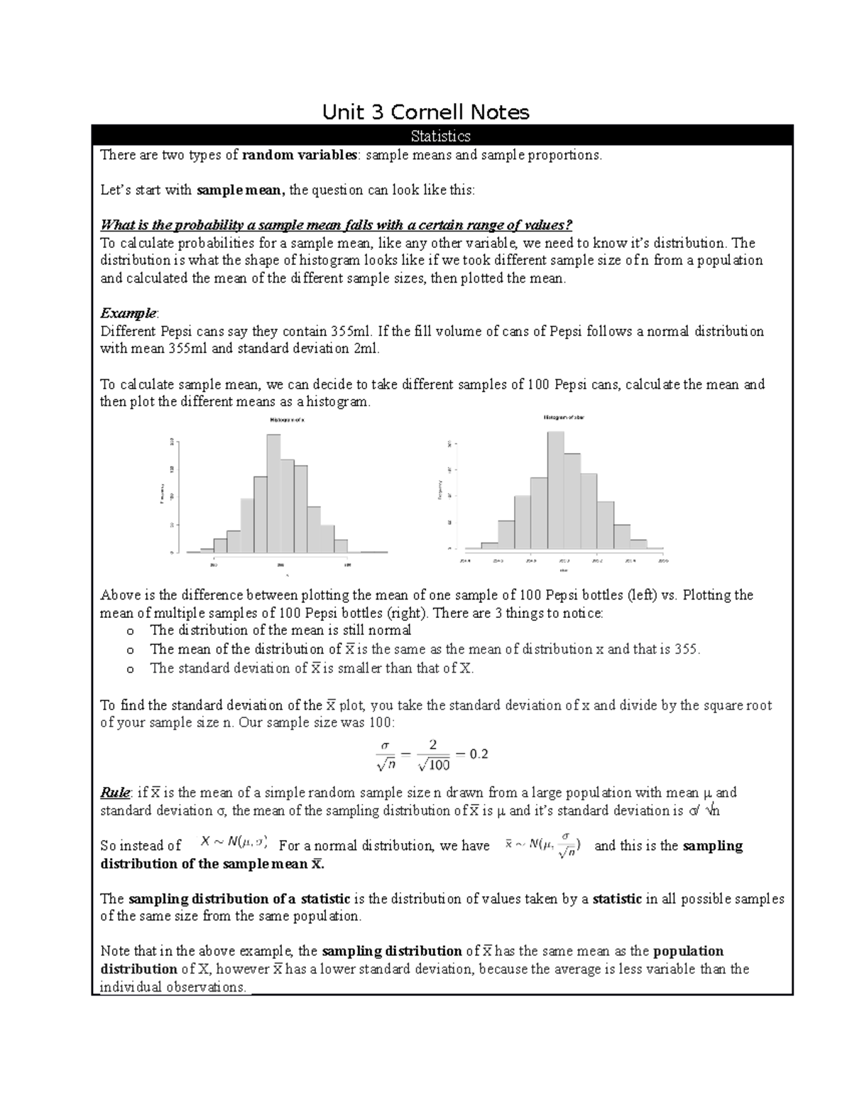 Unit 3 Cornell Notes - Unit 3 Cornell Notes Statistics There are two ...