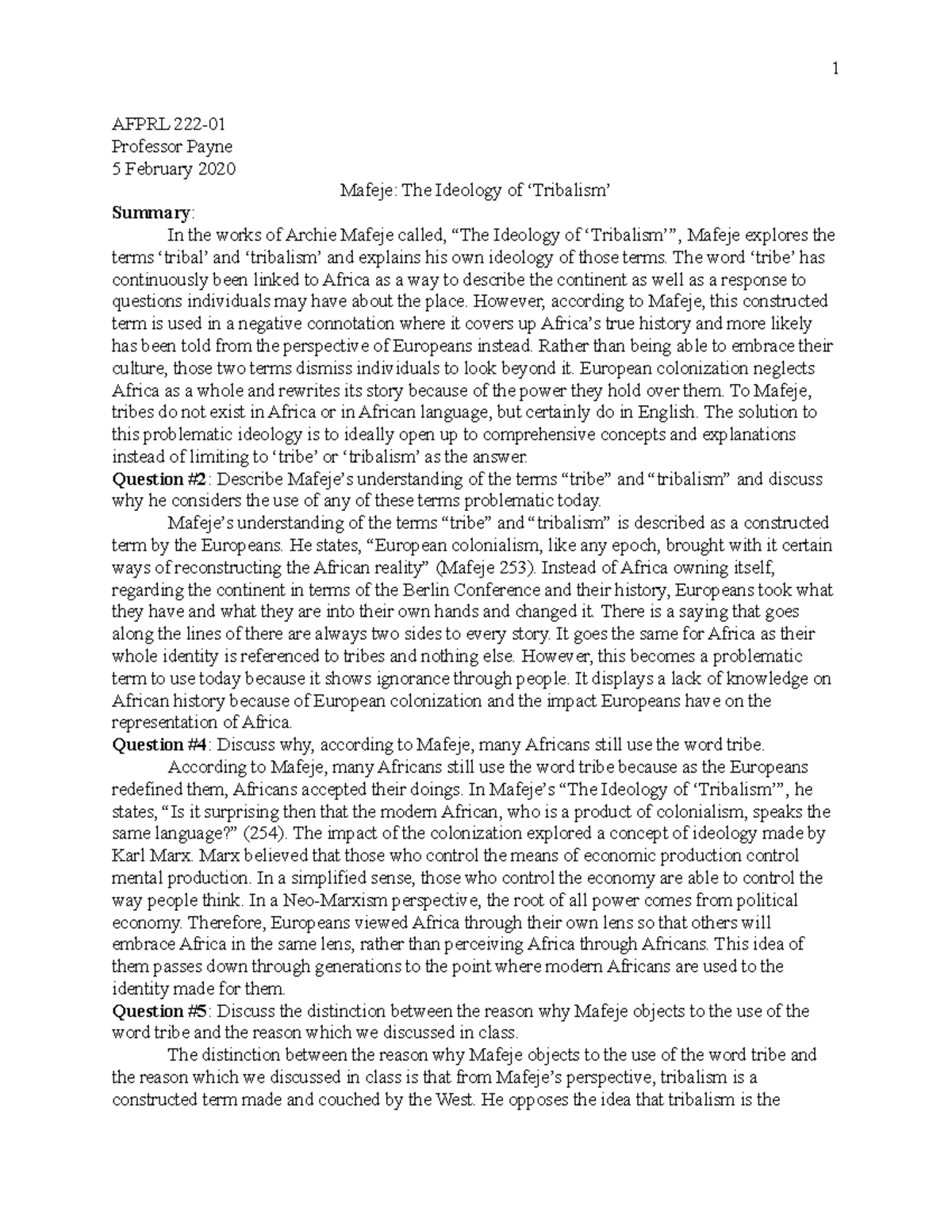 Afprl 222-01 Mafeje THE Ideology OF ' Tribalism' - 1 AFPRL 222 ...