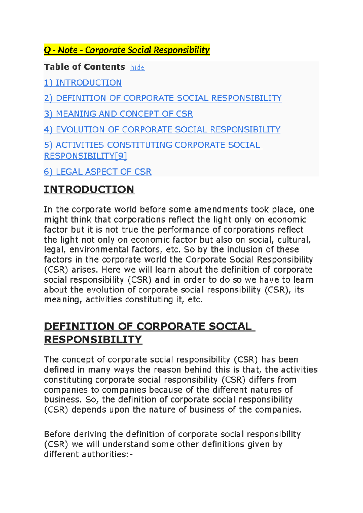 CSR - CSR notes Meaning and definition - Q - Note - Corporate Social ...