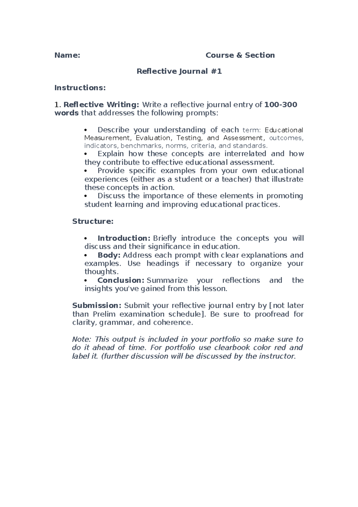 Reflective-journal-rubric - Name: Course & Section Reflective Journal ...
