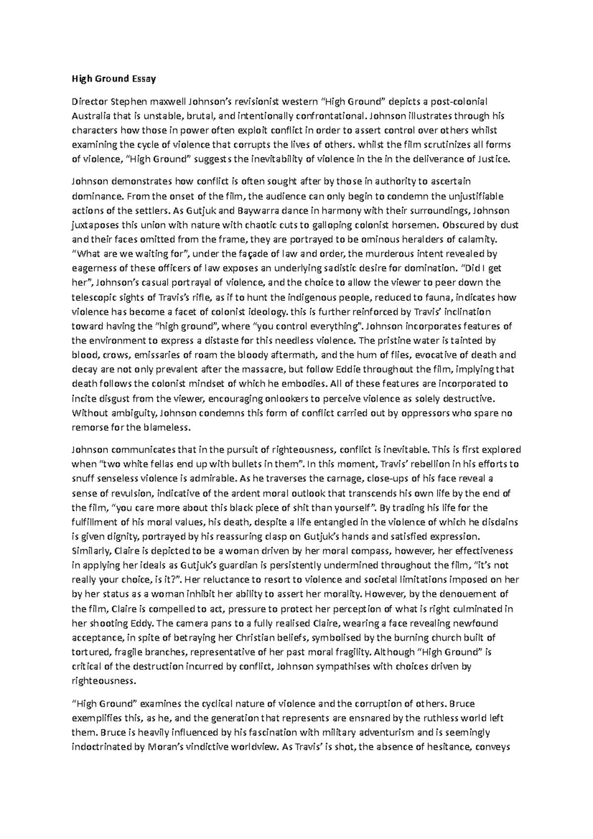High Ground Essay - High Ground Essay Director Stephen maxwell Johnson’s revisionist western ...