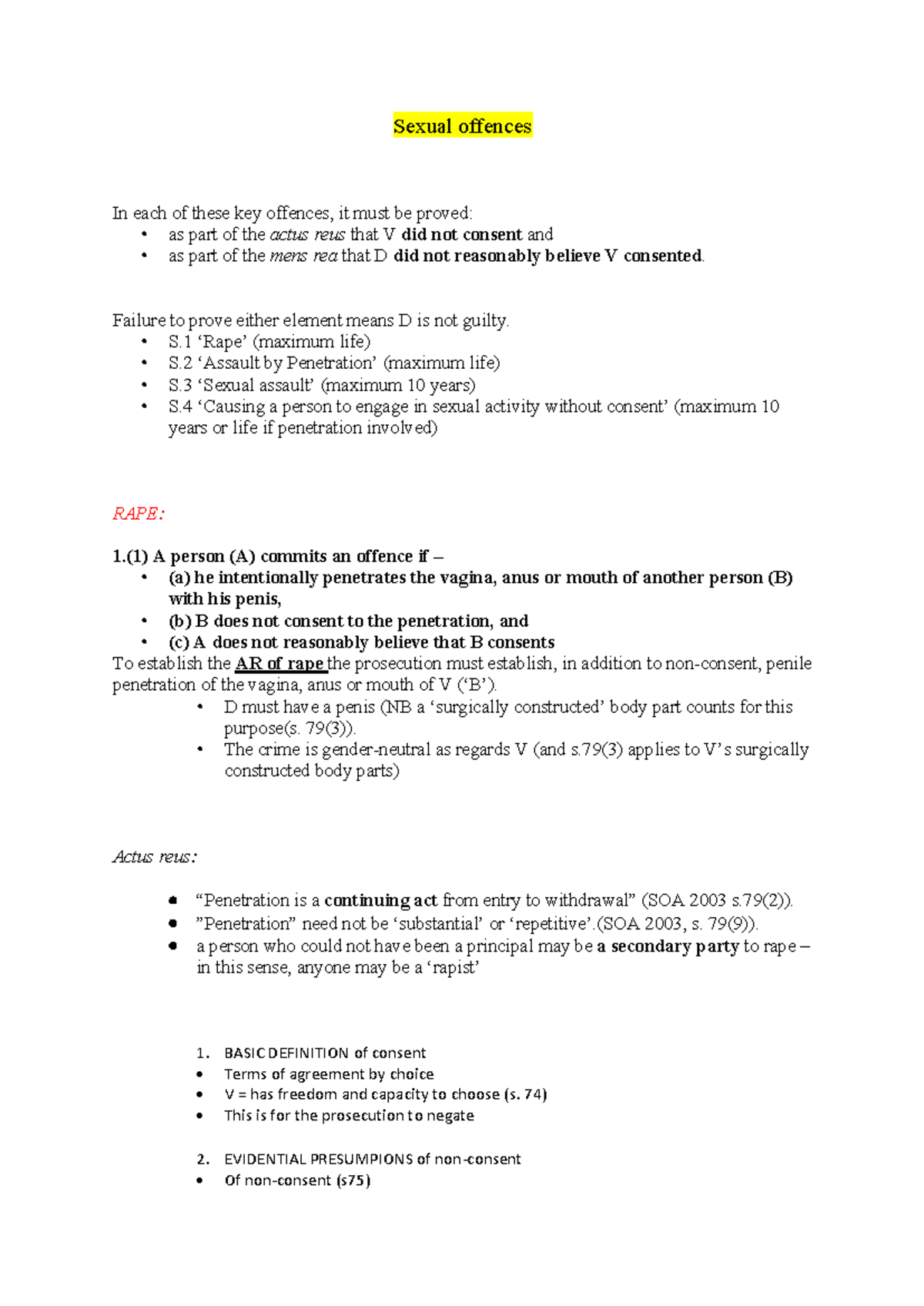 Sexual offences - final revision notes - Sexual offences In each of ...