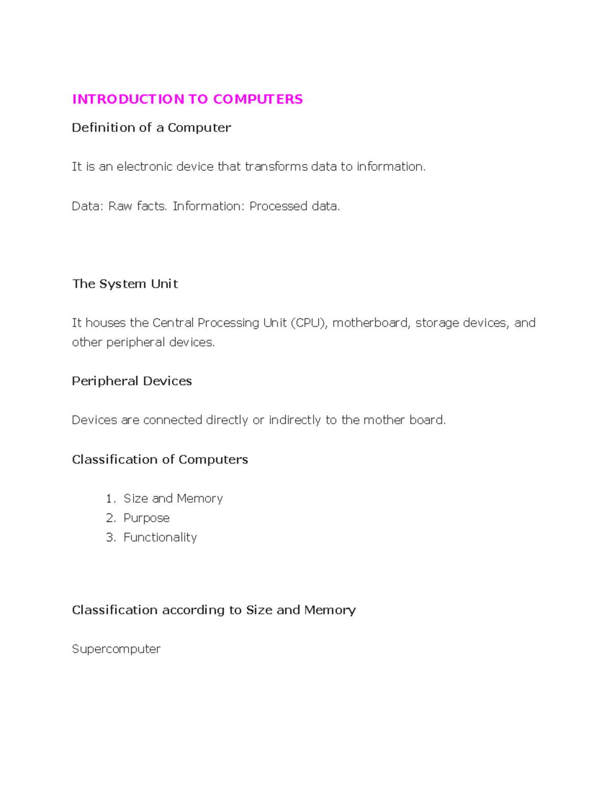 Introduction TO Computers - INTRODUCTION TO COMPUTERS Definition of a ...