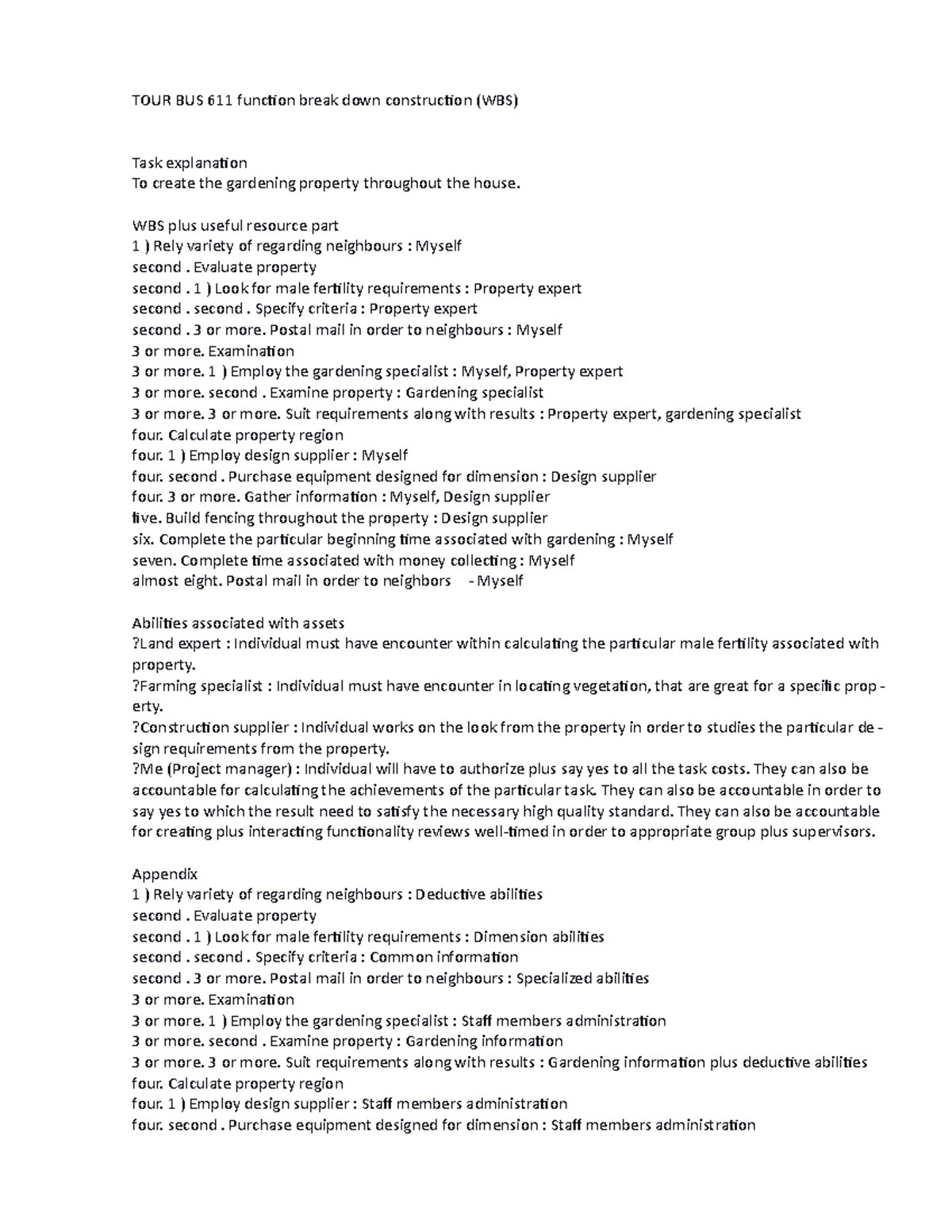 BUS 611 work breakdown structure (WBS) - TOUR BUS 611 function break ...