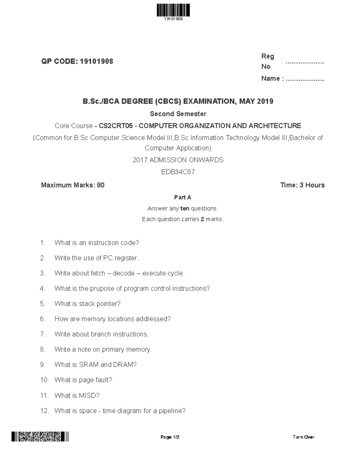 Computer Organization AND Architecture - QP CODE: 19101908 RegNo : ..................... Name ...