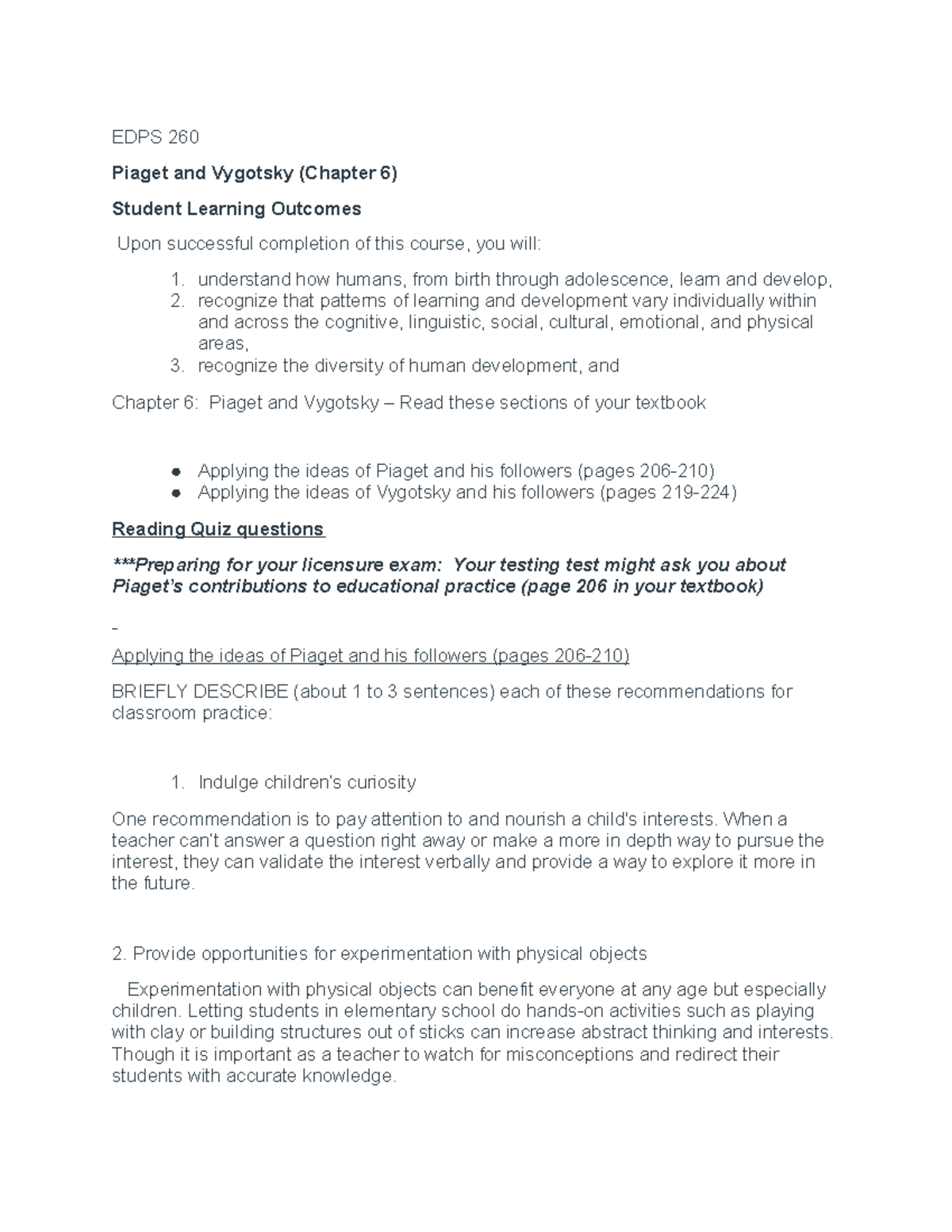 EDPS 260 Piaget and Vygotsky Chapter 6 - When a teacher can’t answer a ...