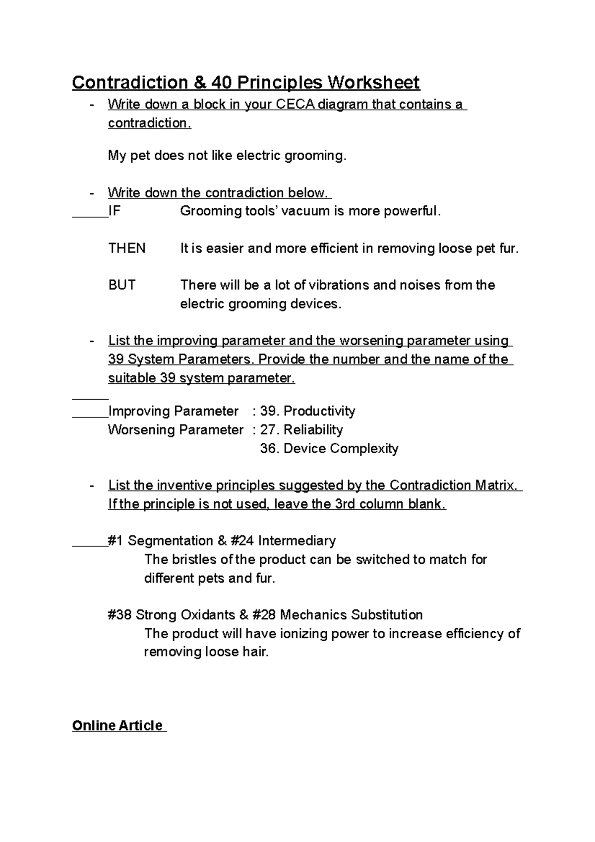 MON Online Article Week 8 - Contradiction &amp; 40 Principles Worksheet ...