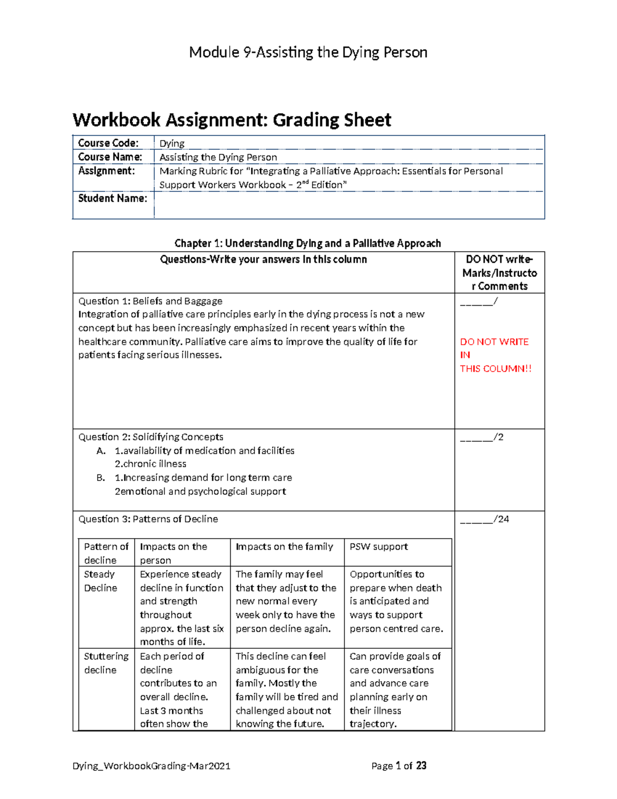 Mod 9-Palliative-Answered - Workbook Assignment: Grading Sheet Course ...