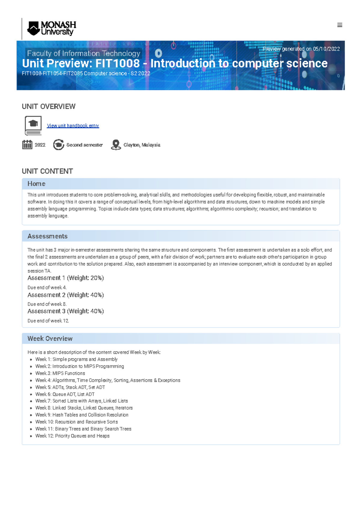 Unit Preview - Preview generated on 05/10/ Unit Preview: FIT1008 ...
