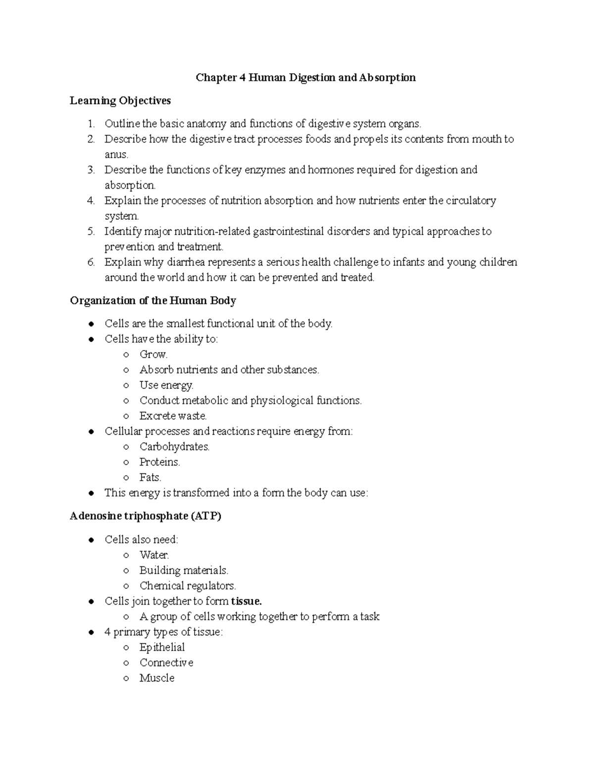 Chapter 4 Notes - Chapter 4 Human Digestion and Absorption Learning ...