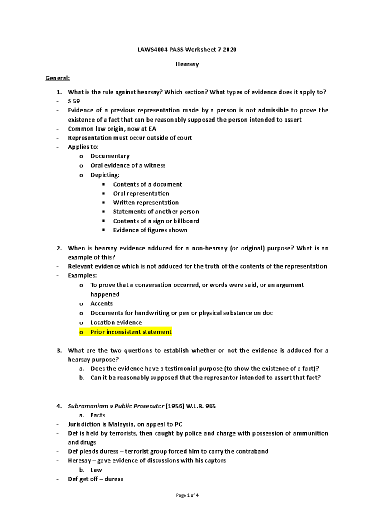 LAWS4004 PASS Worksheet 7 - Does the evidence have a testimonial ...