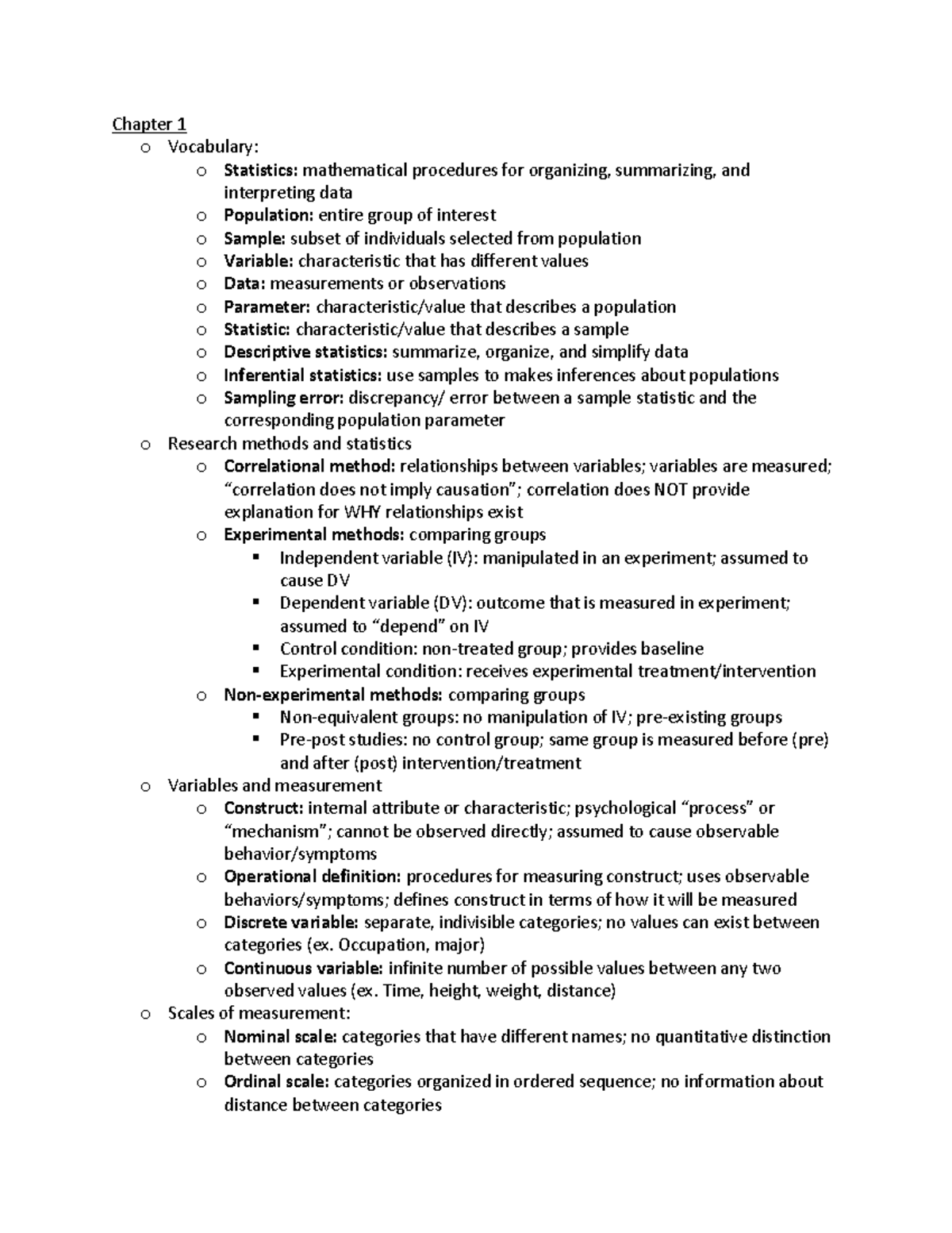 Psych Stats Ch 1 - Notes on Intro to Statistics; Griffo - Chapter 1 o ...