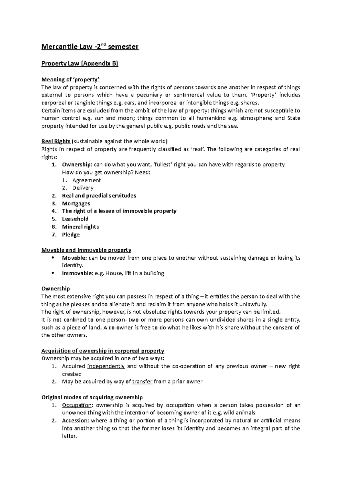 Merc Law S2 - Mercantile Law semester Property Law (Appendix B) Meaning of The law of property ...