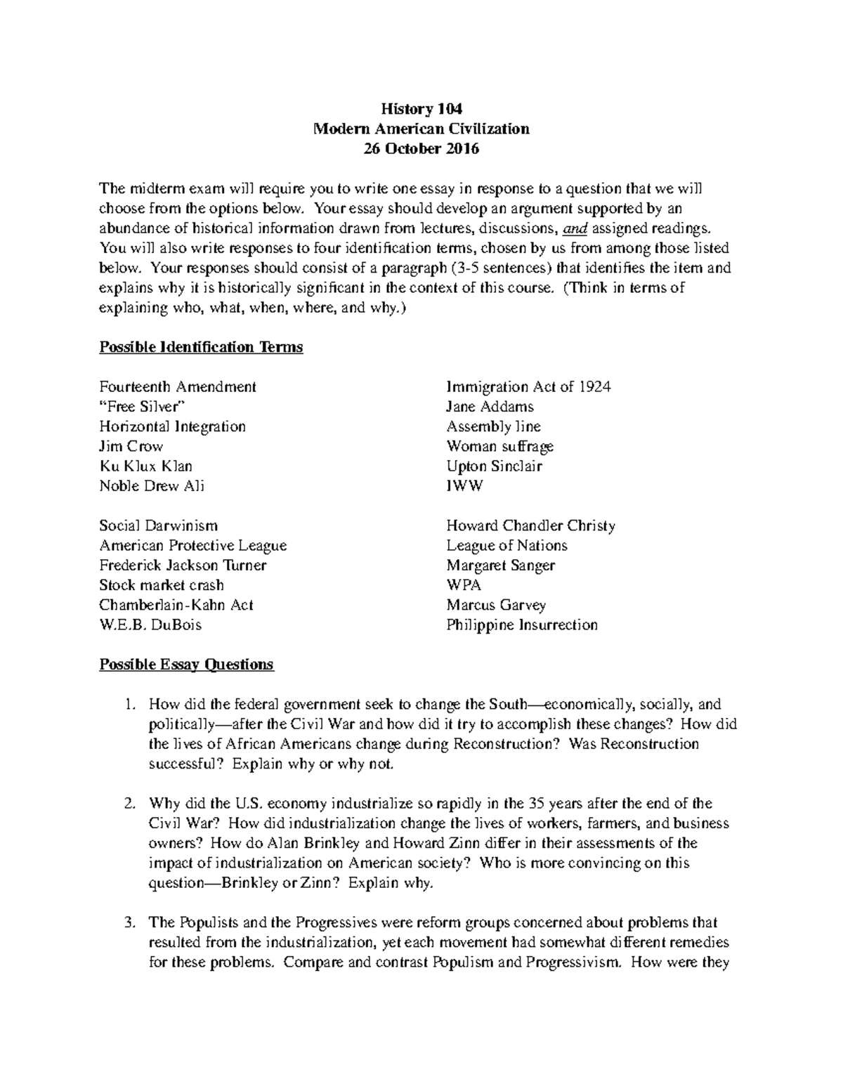 HIST 104A 10-26 Midterm guide - History 104 Modern American ...