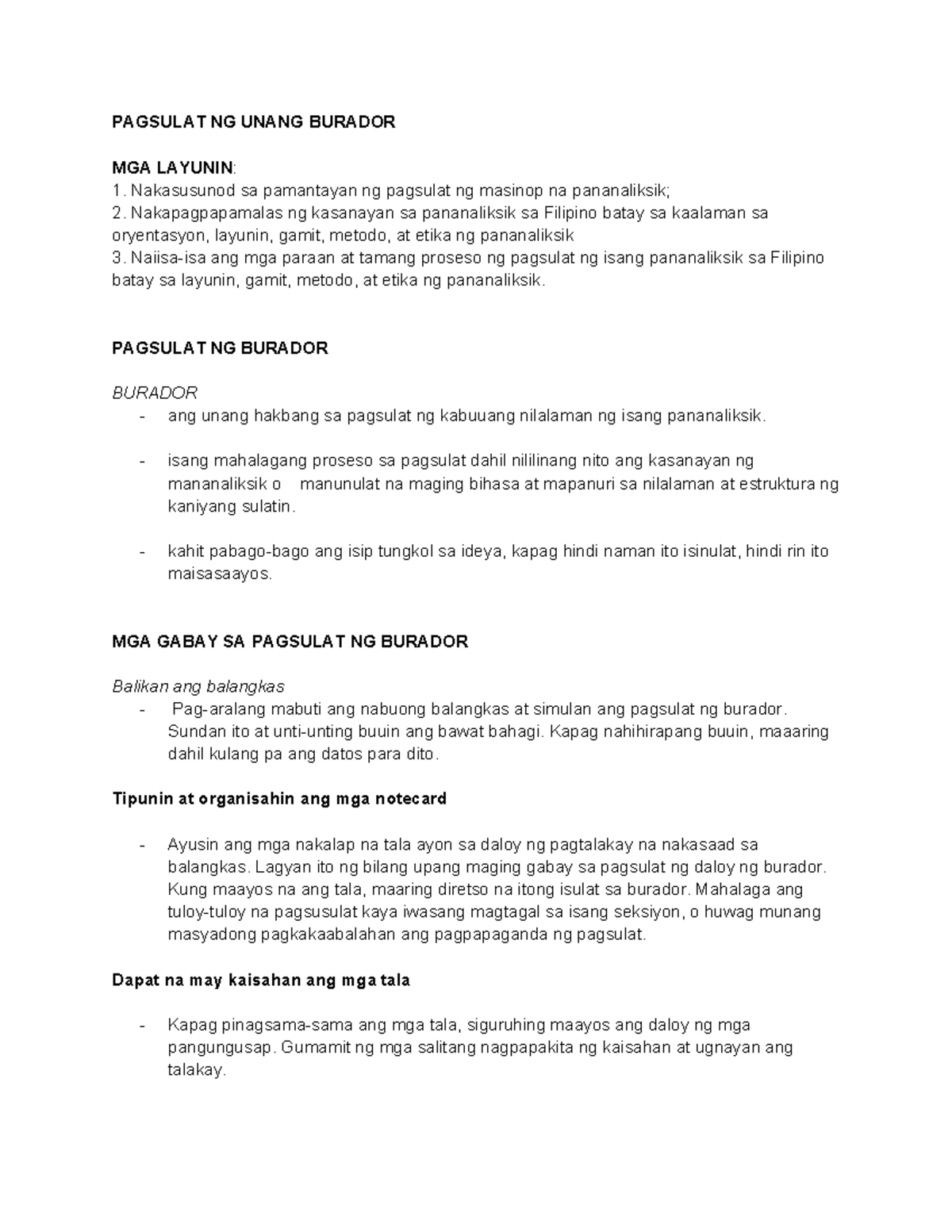 Pananaliksik Notes - PAGSULAT NG UNANG BURADOR MGA LAYUNIN: Nakasusunod ...