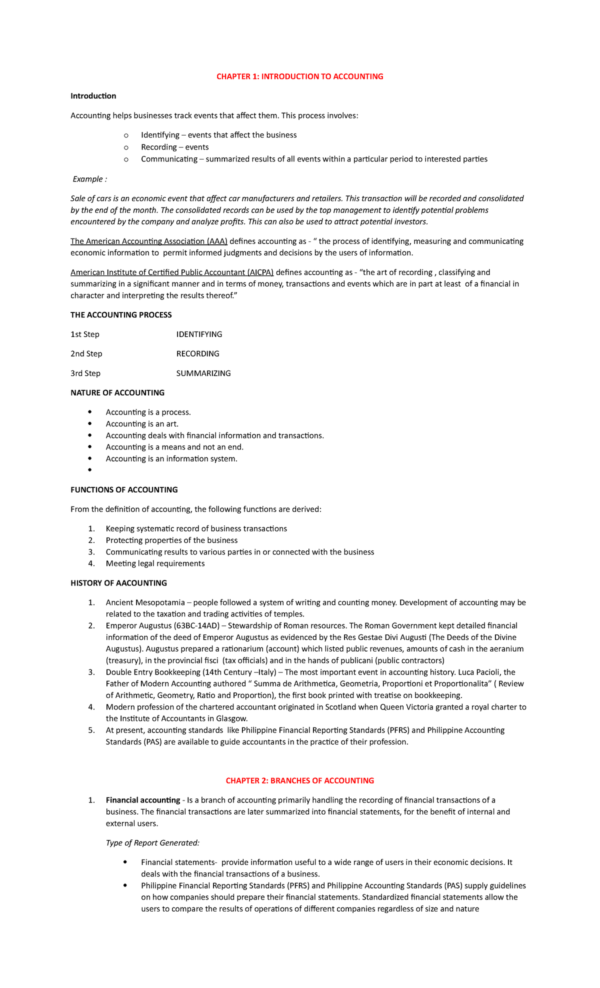 Notes for he following SHS - CHAPTER 1: INTRODUCTION TO ACCOUNTING ...