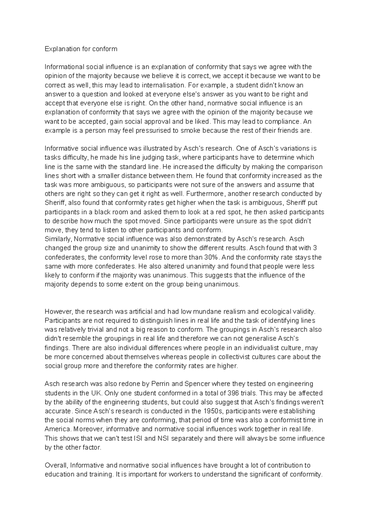Explanation for conformity - For example, a student didn’t know an ...