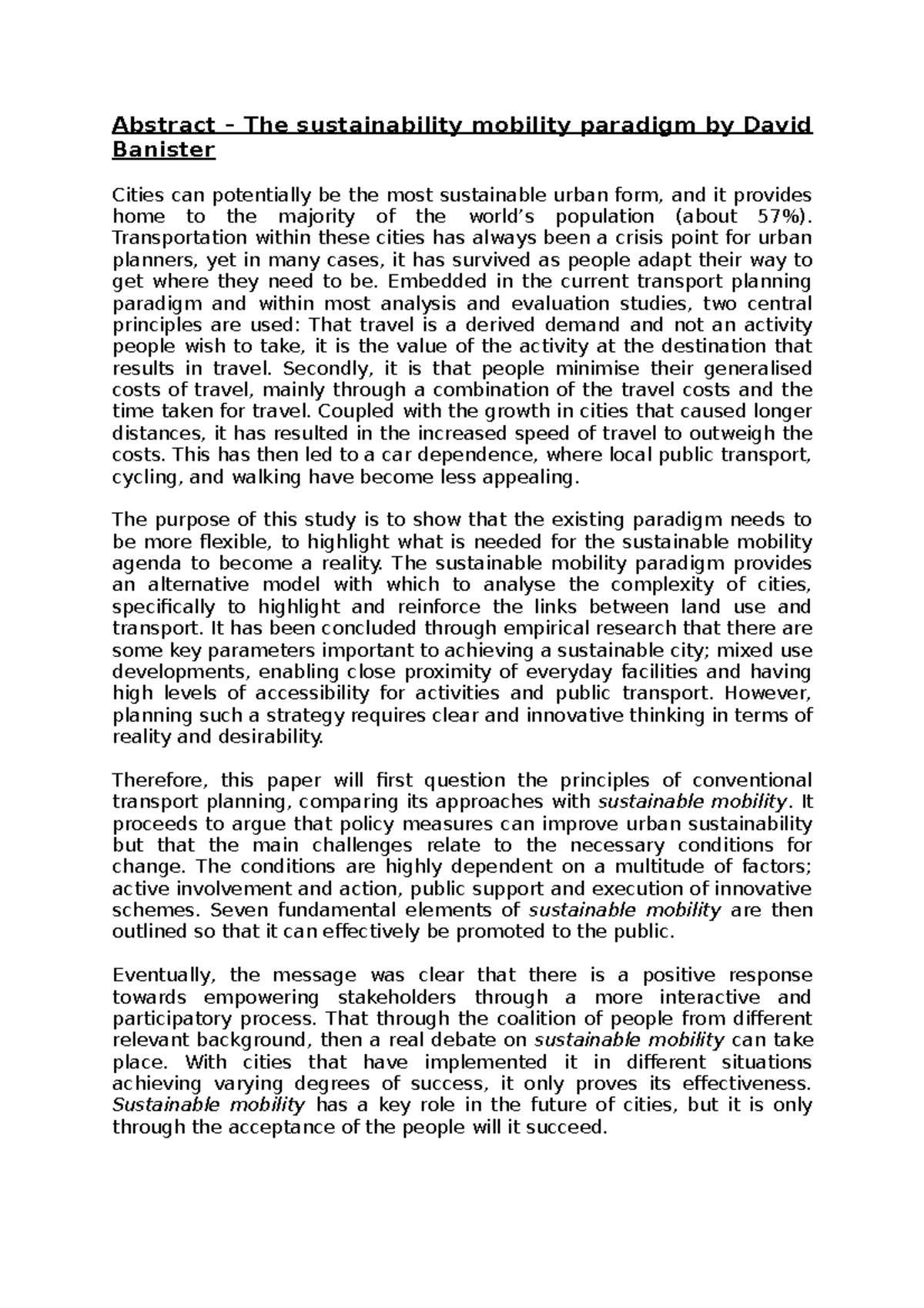 Test 2 Urban Mobility grade 9 - Abstract – The sustainability mobility ...