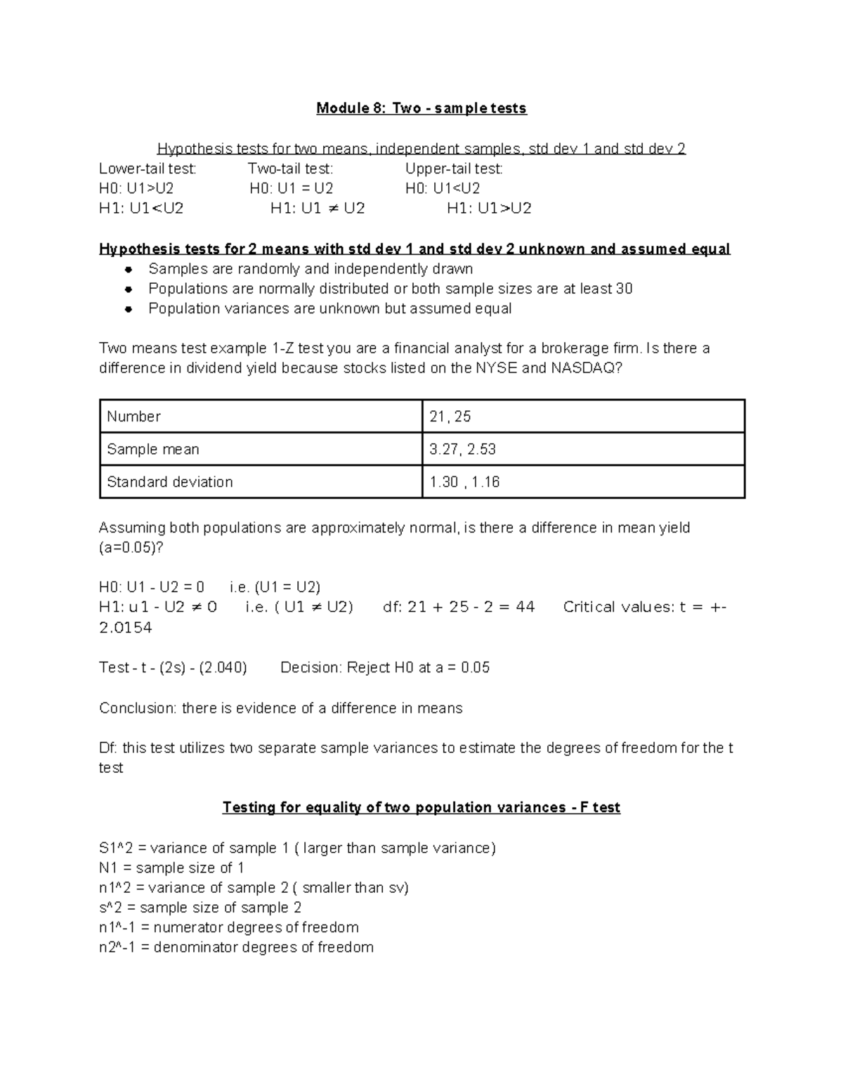 Module 8 Two Sample Tests Module 8 Two Sample Tests Hypothesis