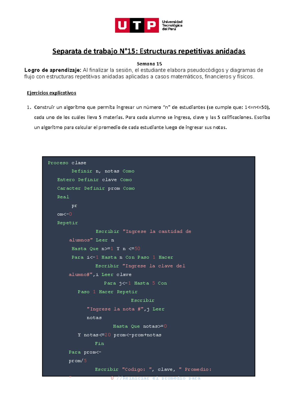 S15.s1 - Estructuras repetitivas anidadas - Separata de trabajo N°15 ...