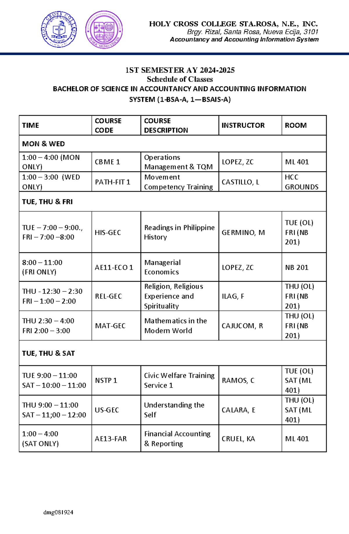BSA- Bsais-SKED-OF- Classes-1ST-SEM-2024-2025-F2F OL V1 - Brgy. Rizal, Santa Rosa, Nueva Ecija ...