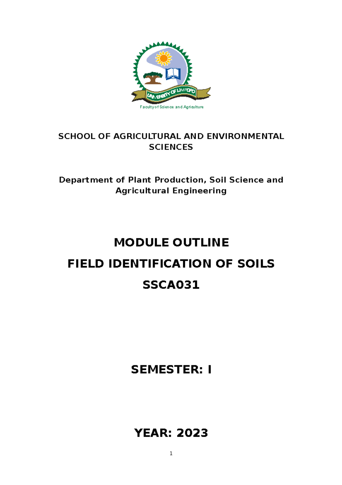 SSCA031 Module outline 2023 Final - Faculty of Science and Agriculture ...