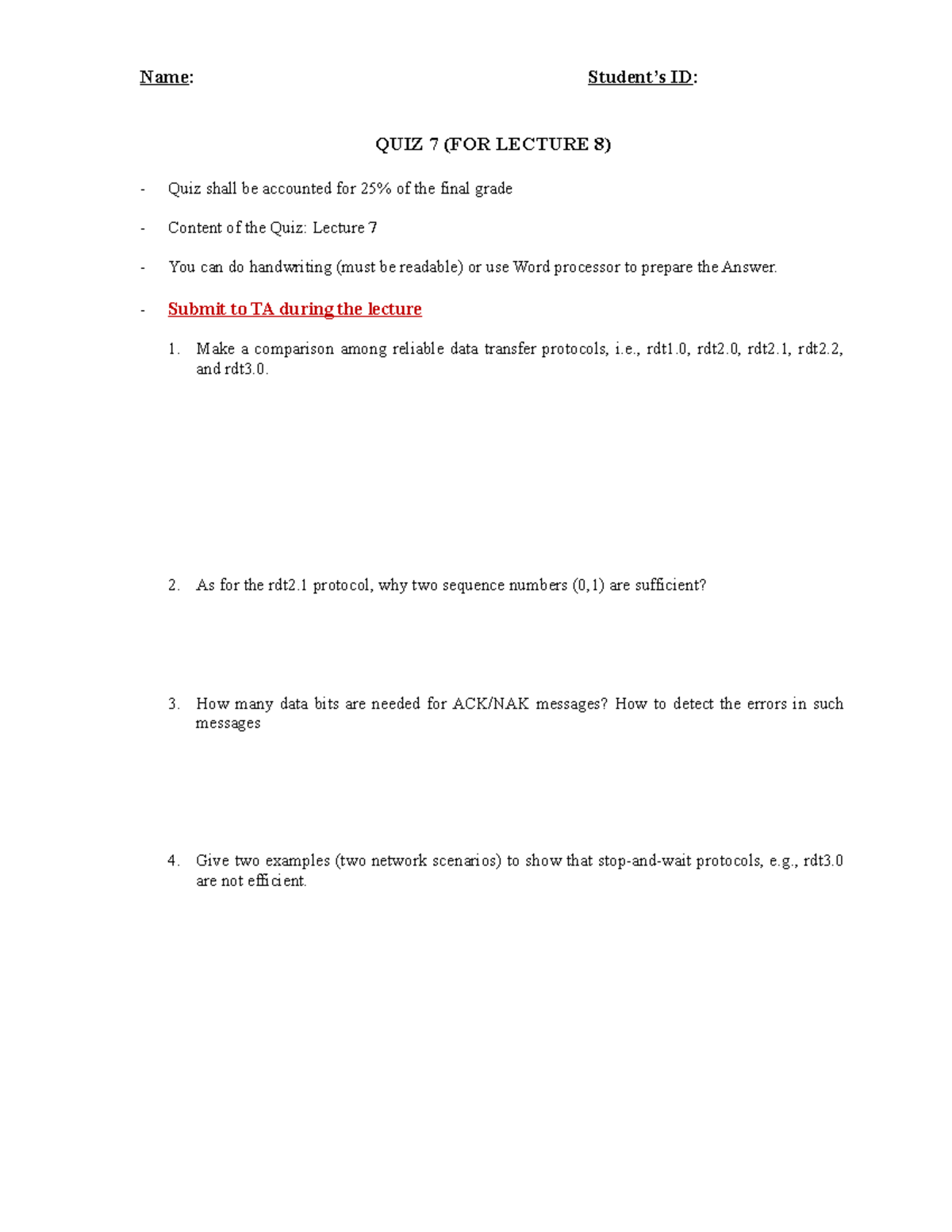 2023.11.Quiz (Lecture 8) - Name: Student’s ID: QUIZ 7 (FOR LECTURE 8) - Quiz shall be accounted ...