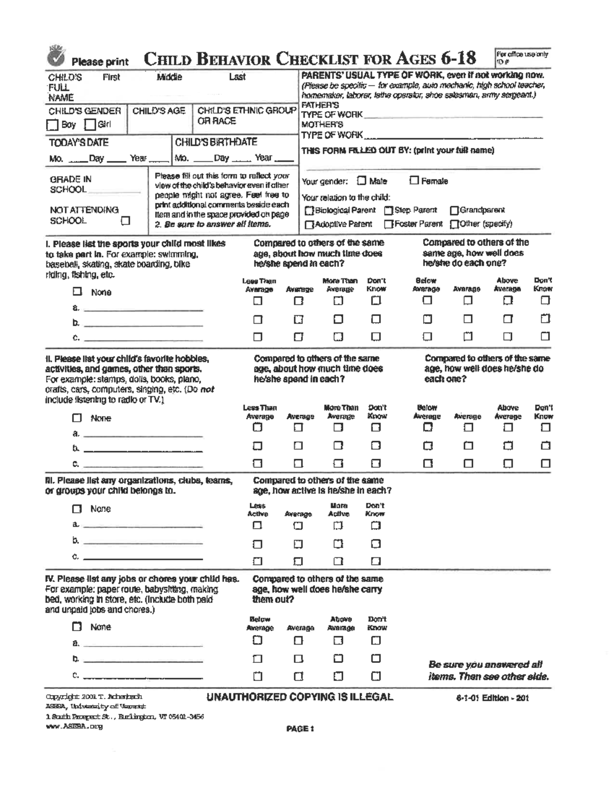Child Behavior Checklist For Ages 6 18 - Fondamenti di Psicologia - Studocu