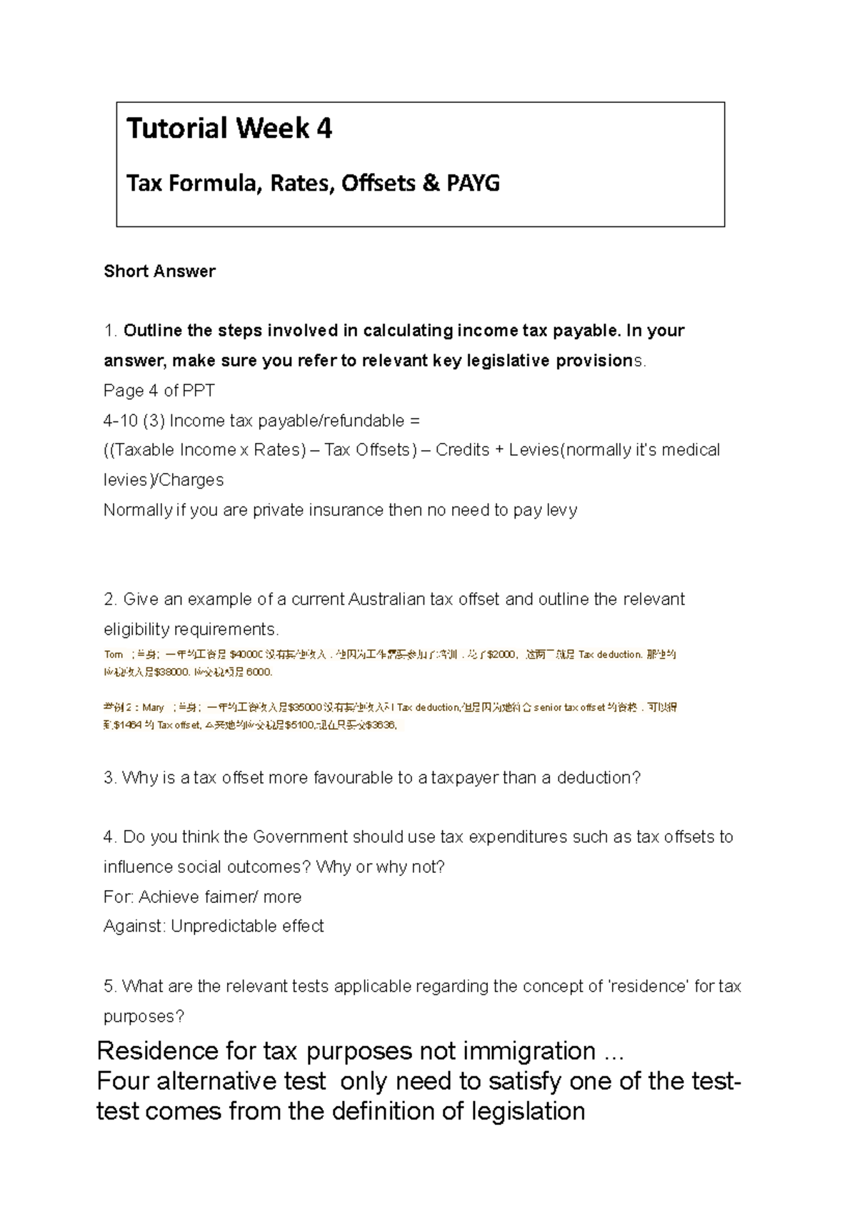 Wk 4 Tutorial Questions - Tutorial Week 4 Tax Formula, Rates, Offsets ...