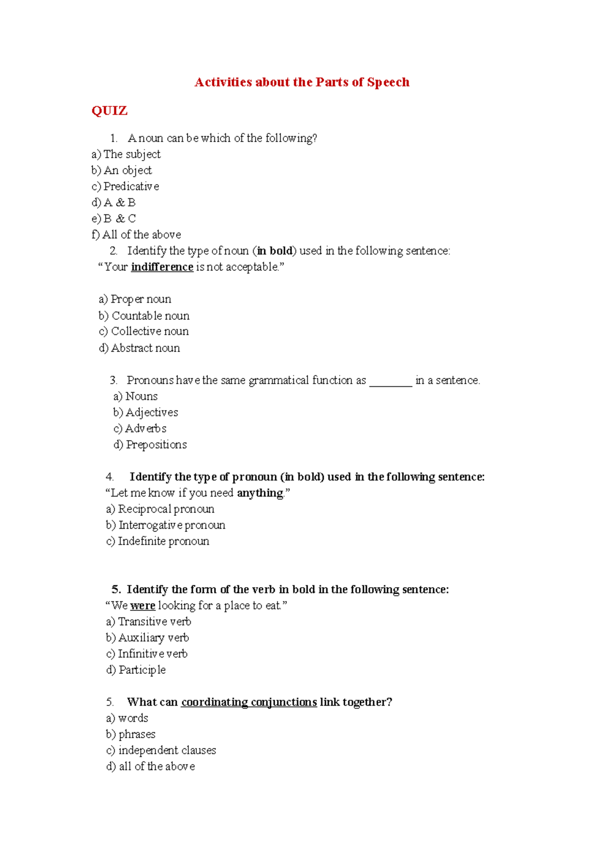 The part of speech activities - Activities about the Parts of Speech ...
