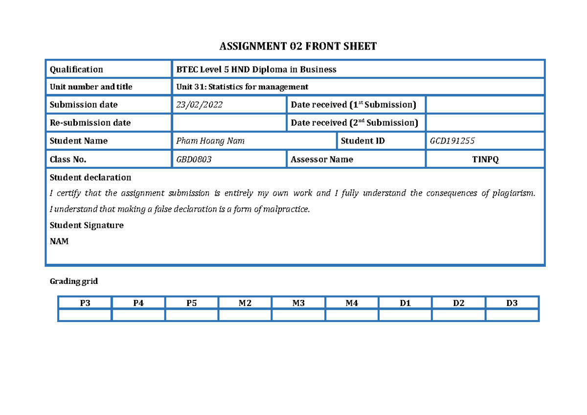 570 Assignment 02-Pham Hoang Nam-GCD191255 - ASSIGNMENT 02 FRONT SHEET Qualification BTEC Level ...