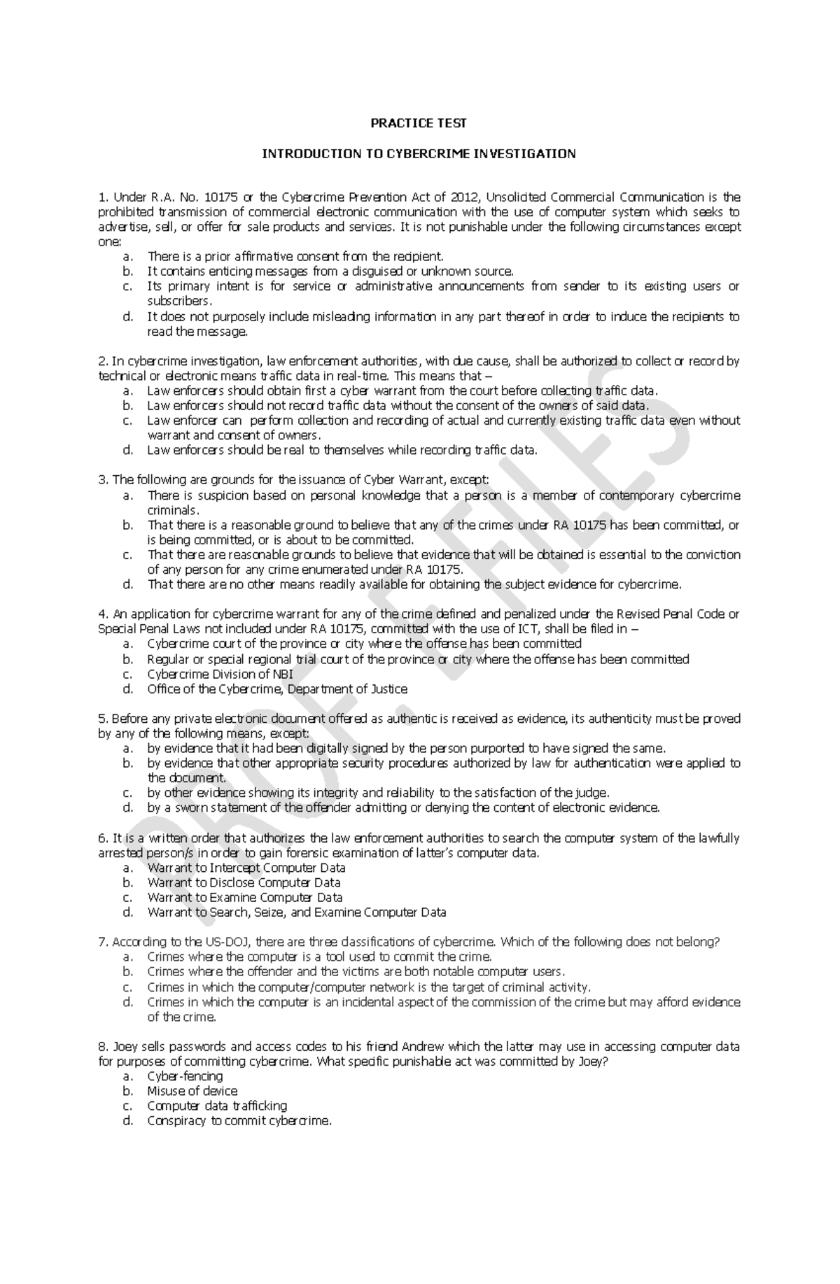 Practice TEST IN Cybercrime Investigation - PRACTICE TEST INTRODUCTION ...