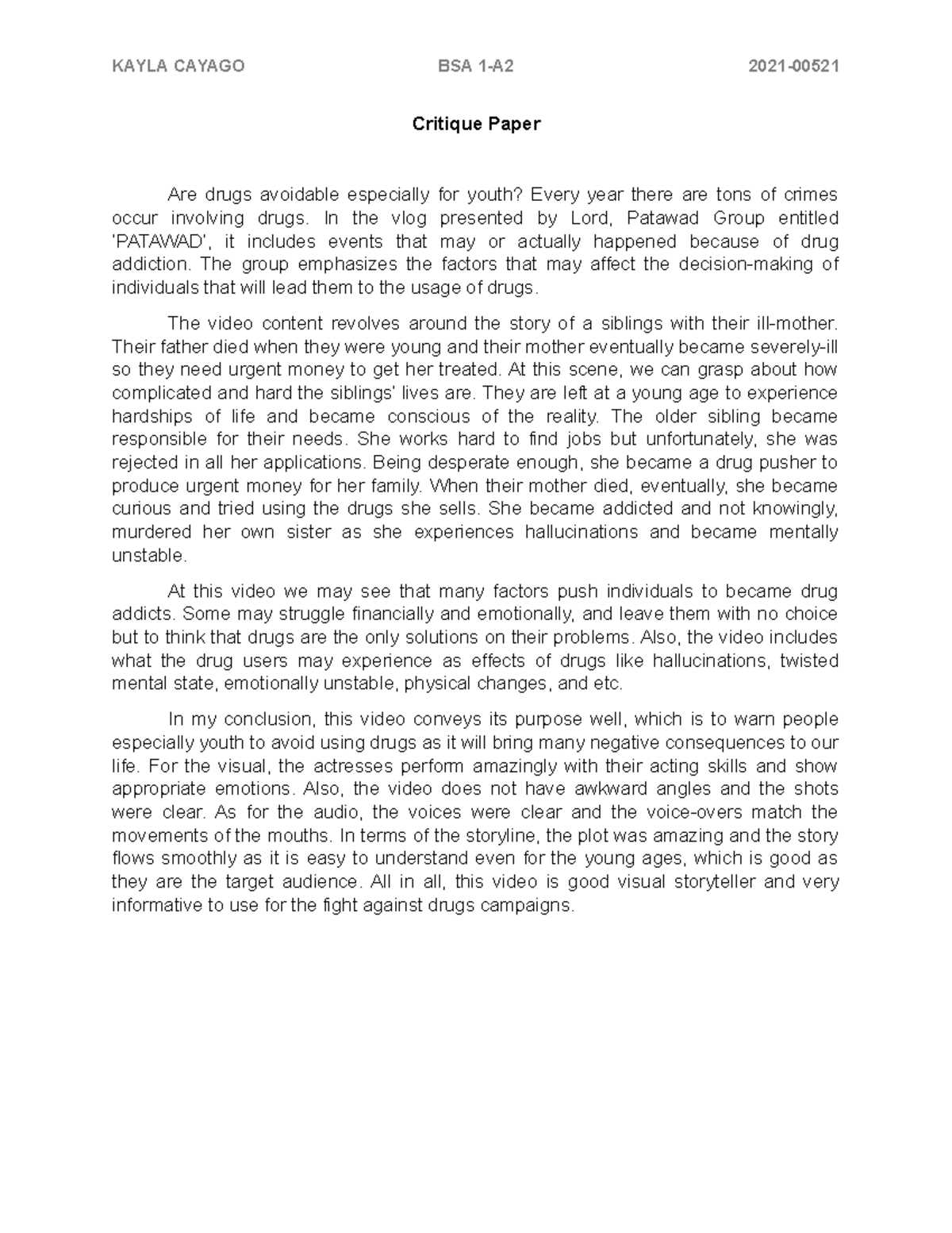 Sample Critique Paper - KAYLA CAYAGO BSA 1-A2 2021- Critique Paper Are ...
