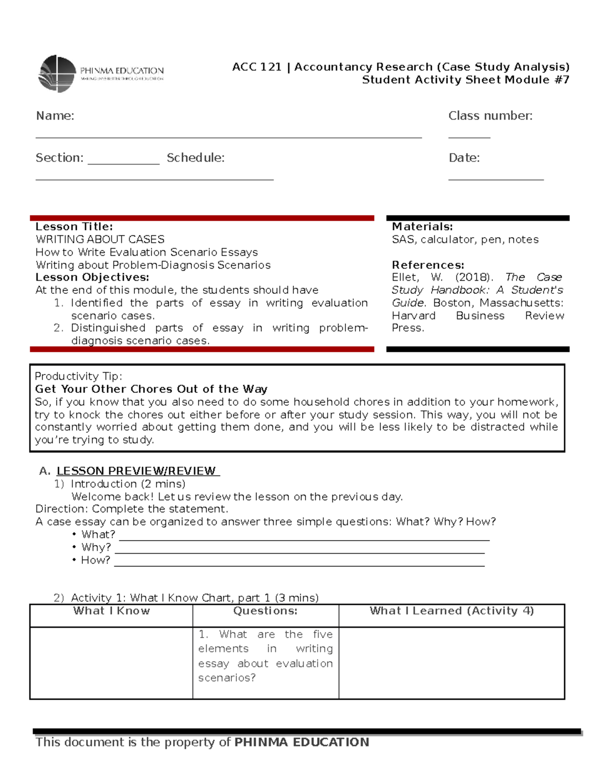 ACC 121 SAS Day 7 - Accounting - Student Activity Sheet Module # Name: - Studocu