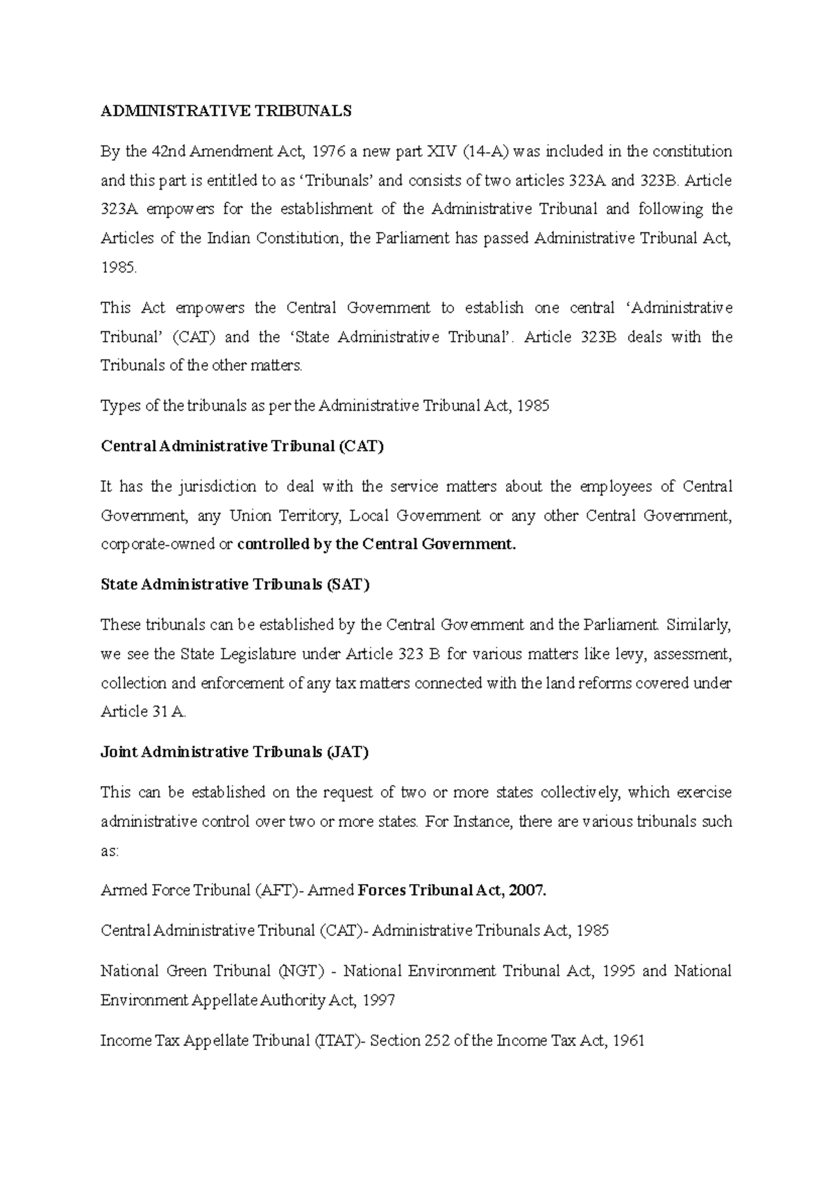 Cat And Cvc Centre Administrative Tribunal Administrative Tribunals By The 42nd Amendment