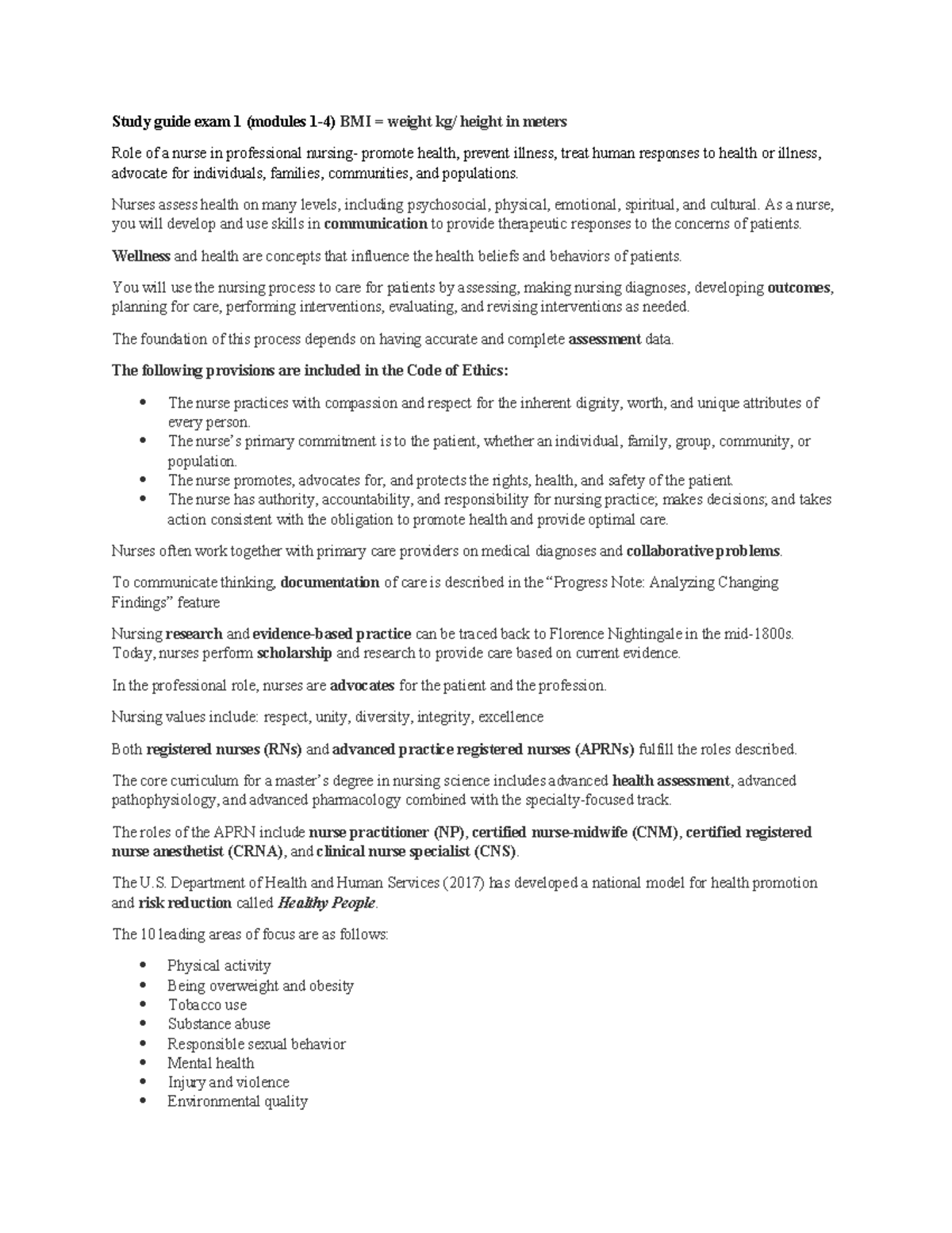 Assessment study guide exam 1 - Study guide exam 1 (modules 1-4) BMI ...