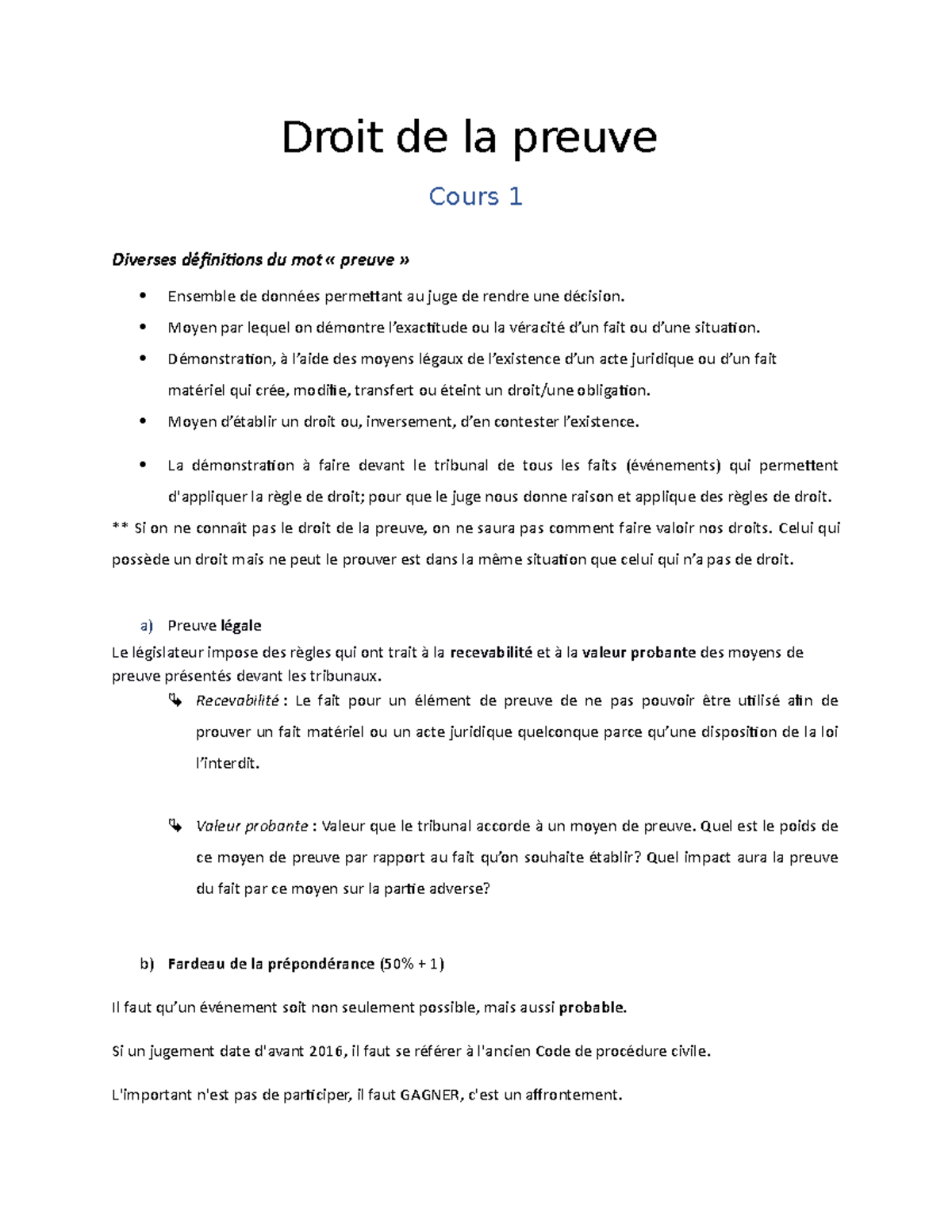 Notes de cours - Preuve Civile - Droit de la preuve Cours 1 Diverses ...