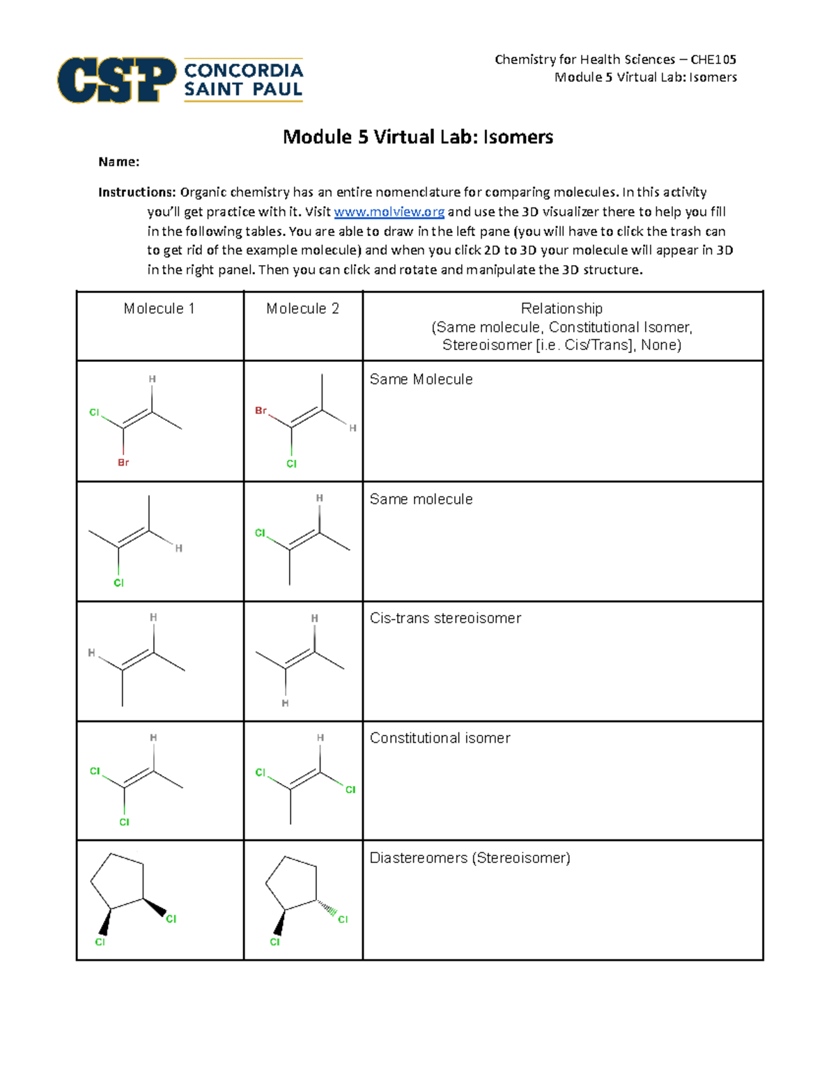 Copy of M5 Virtual Lab Isomers completed - Chemistry for Health ...