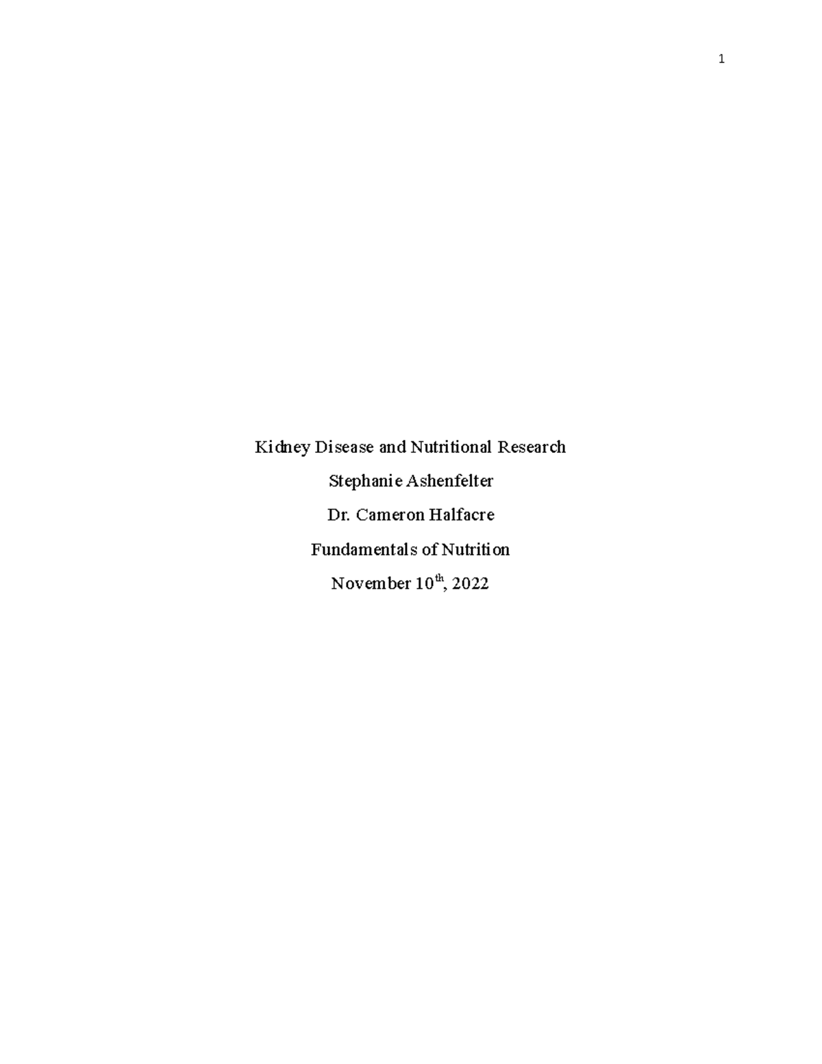 Nutrition Research Paper SAshenfelter - Kidney Disease and Nutritional ...