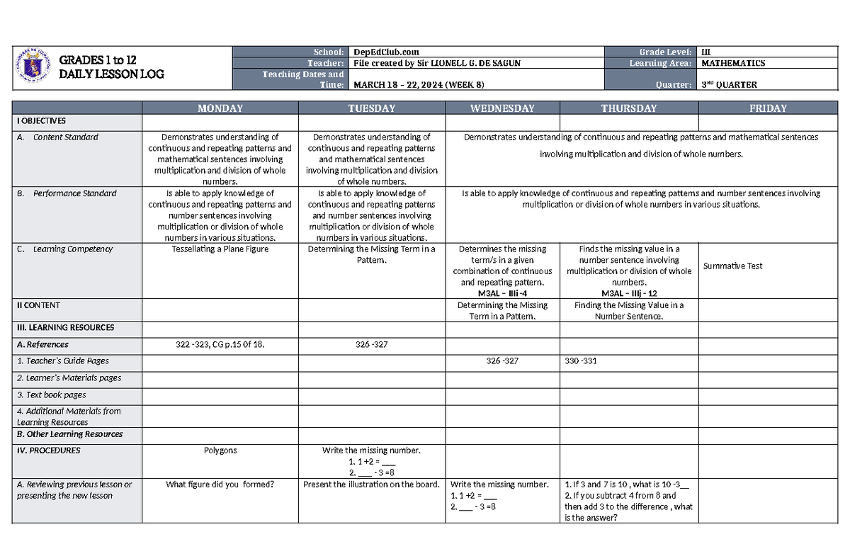 DLL Mathematics 3 Q3 W8 - DAILY LESSON PLAN IN MATH WEEK 1 QUARTER 3 ...