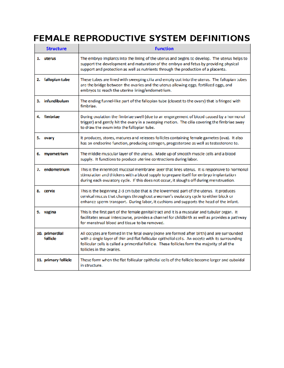 Female Reproductive System Definitions - FEMALE REPRODUCTIVE SYSTEM ...