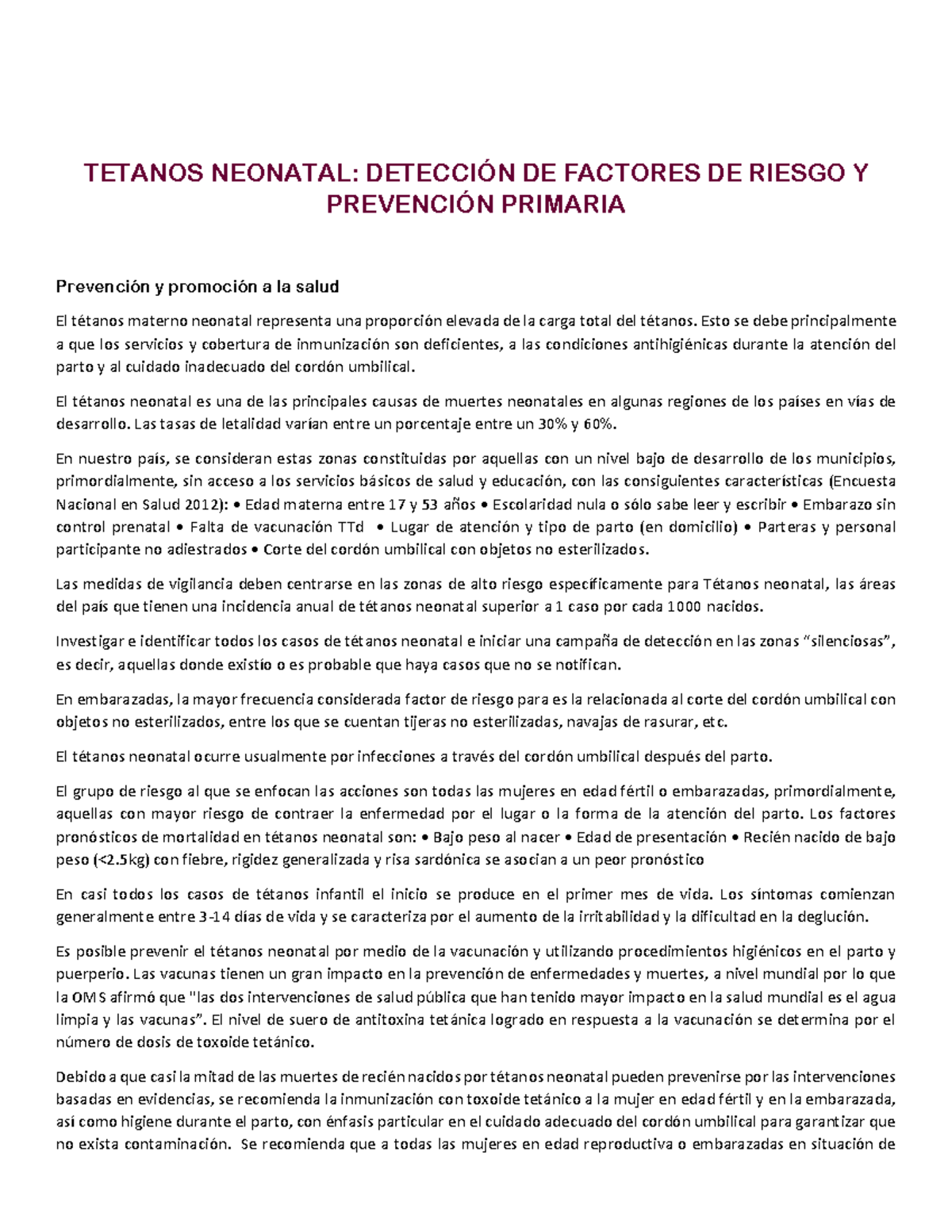Tetanos Neonatal Resumen - TETANOS NEONATAL: DETECCIÓN DE FACTORES DE ...
